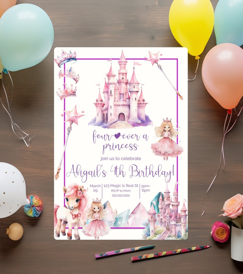 Four Ever Princess Birthday Invitation- 4th Birthday Invite- Princess ...
