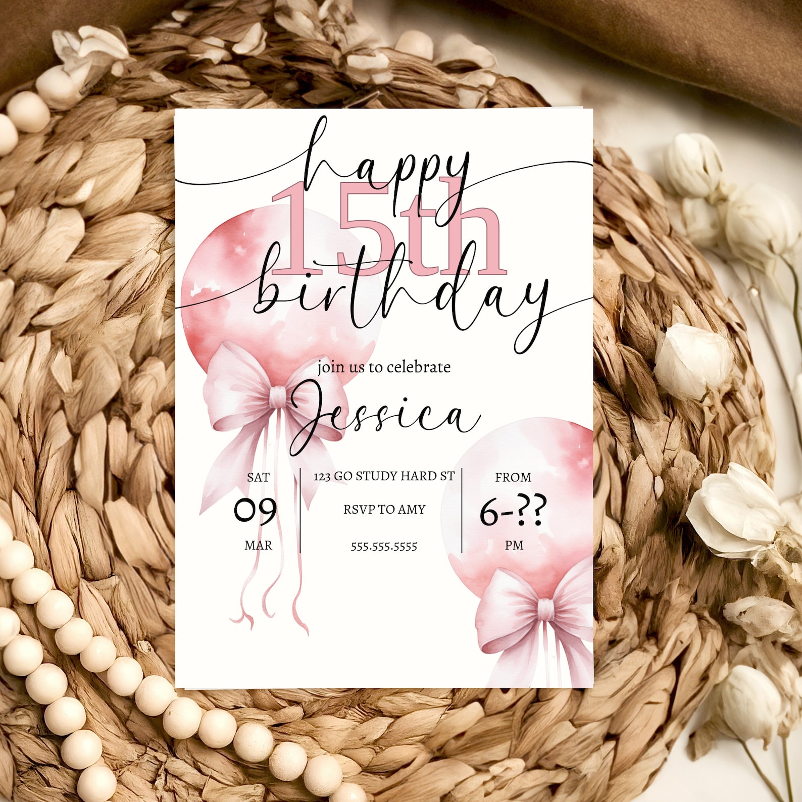 Girl's 15th Birthday Pink Bow Balloon Invite, Boho Teenage Pink Bow ...