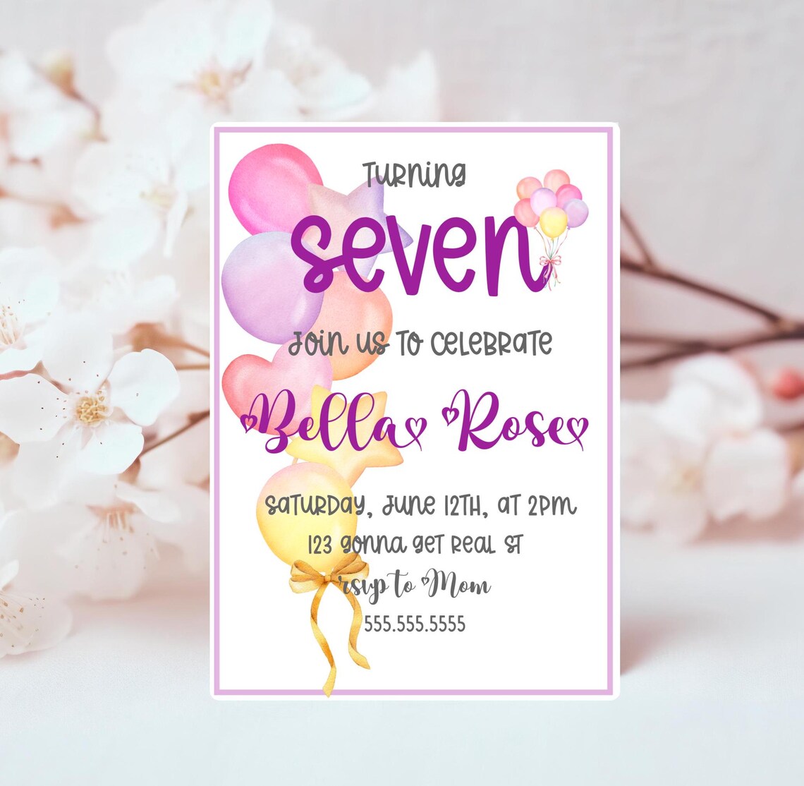 7th Birthday Balloon Kids Party Invite Girl Seventh Birthday Colorful ...
