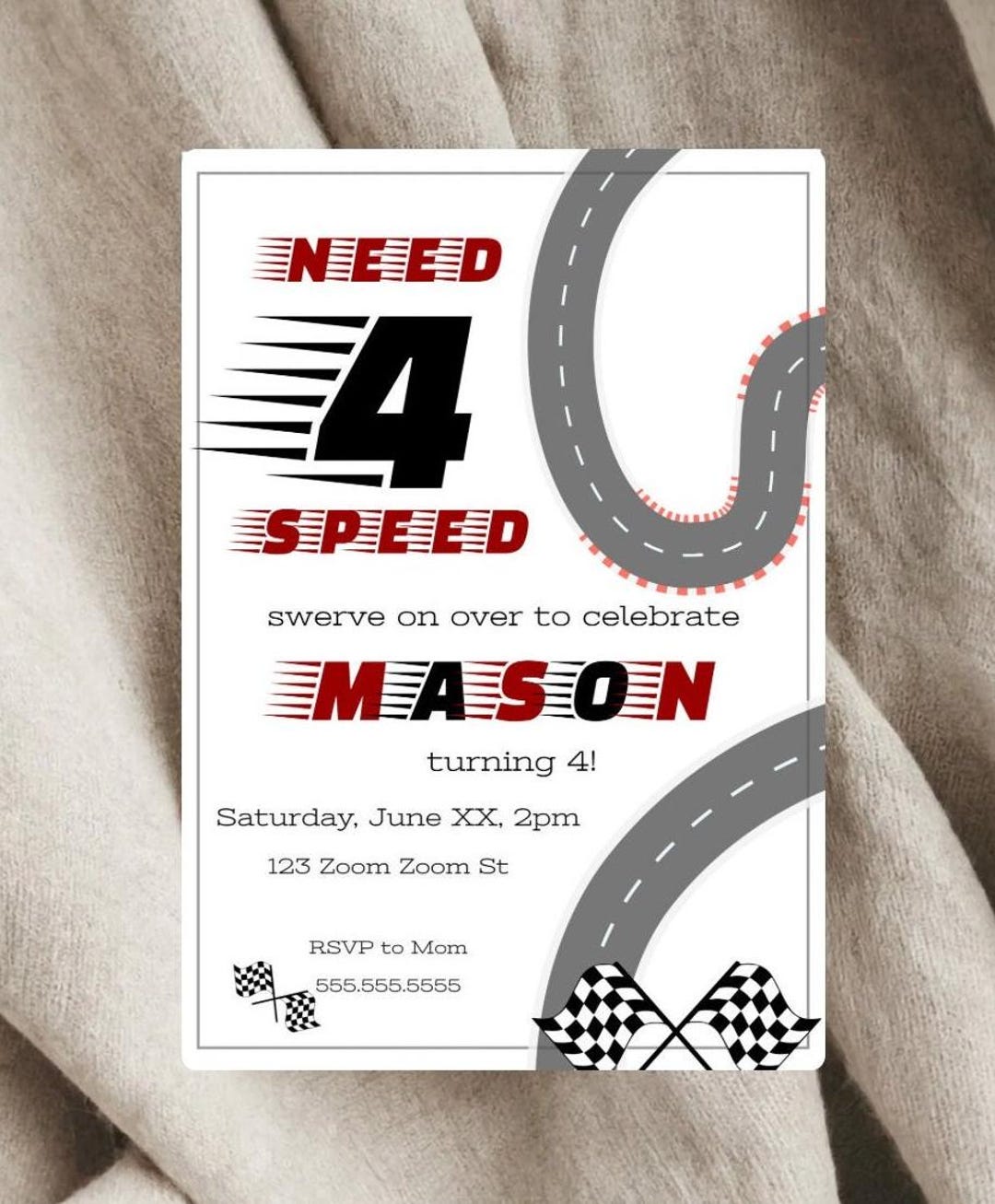 Need Four Speed Birthday Invitation Boy's 4th Race Car Party, Racing ...