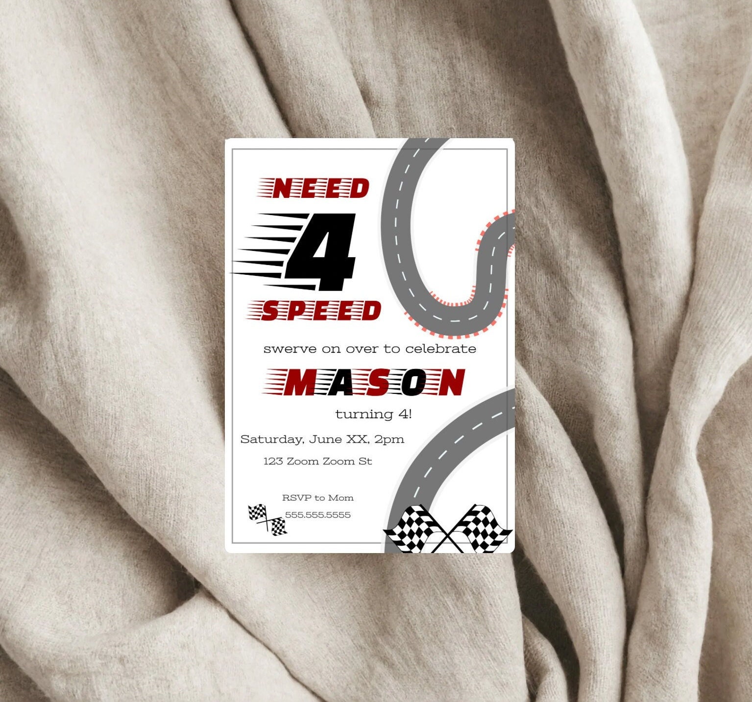 Need Four Speed Birthday Invitation Boy's 4th Race Car Party, Racing ...
