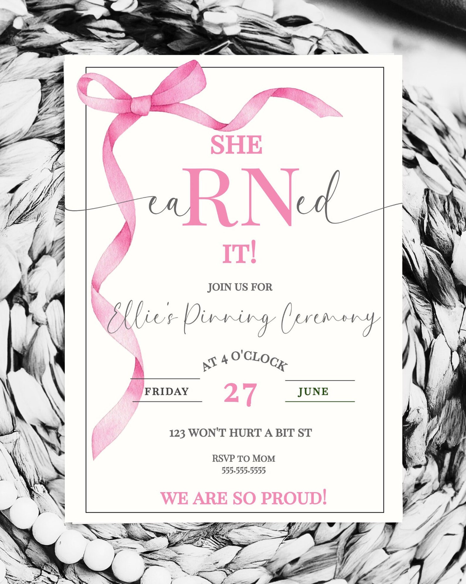 Coquette RN Grad Announcement- Pink Bow Nurse Graduation Invitations ...