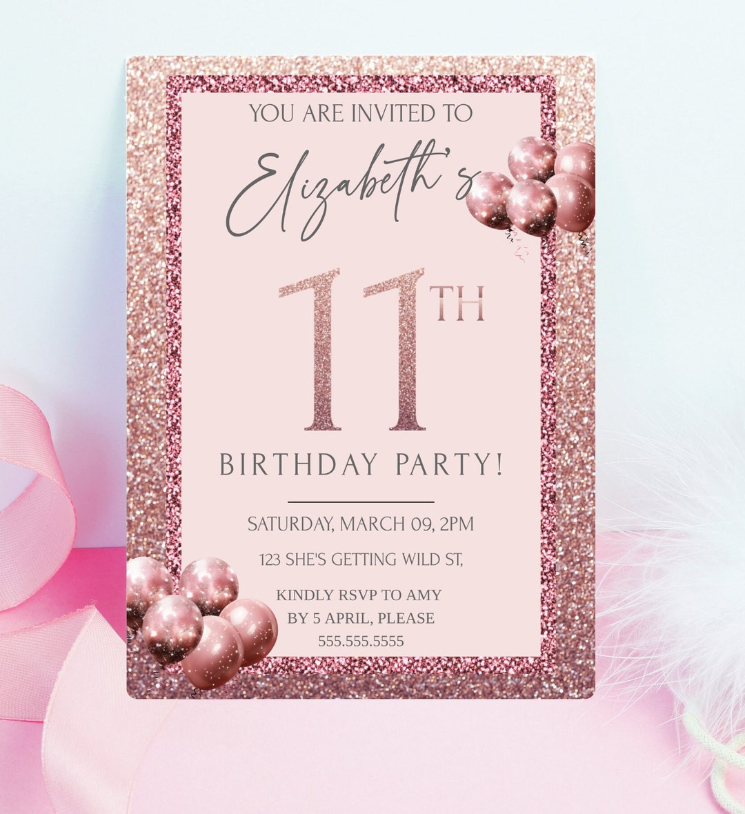 11th Birthday Rose Gold Invitation- 11th Birthday Invite for Girl- Girl ...