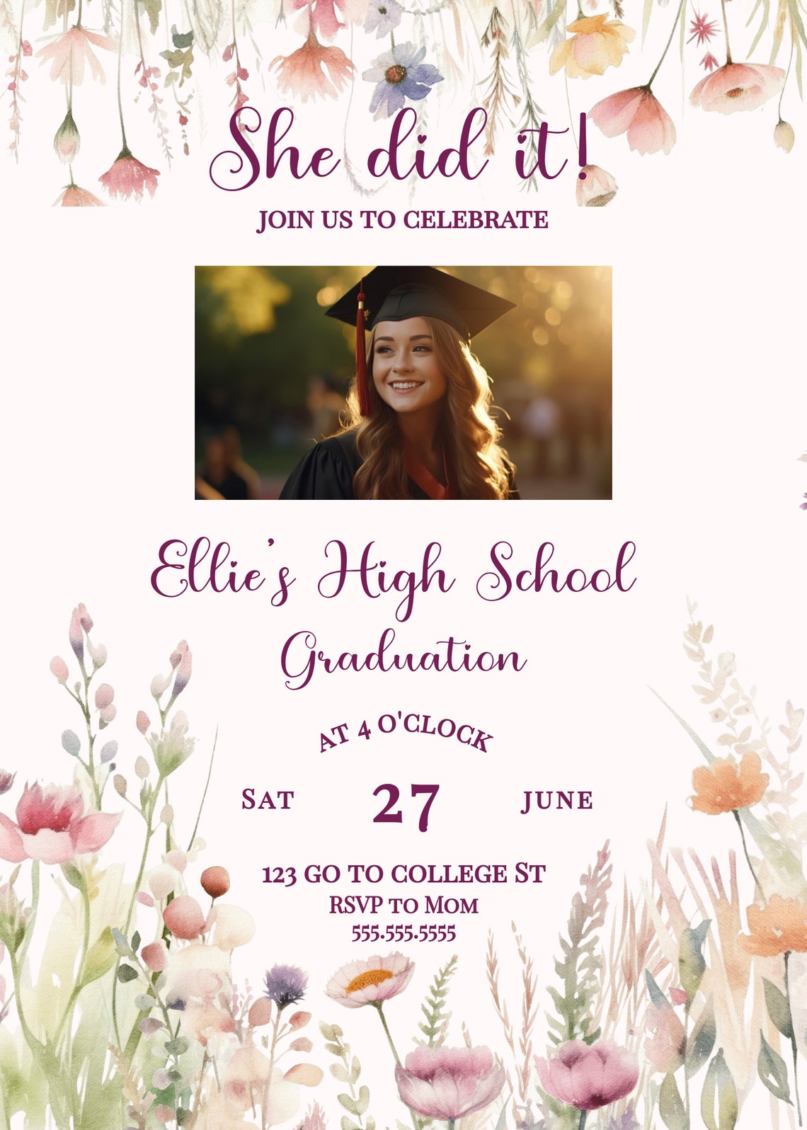 Wildflower Graduation Photo Invitation Template She Did It Floral ...