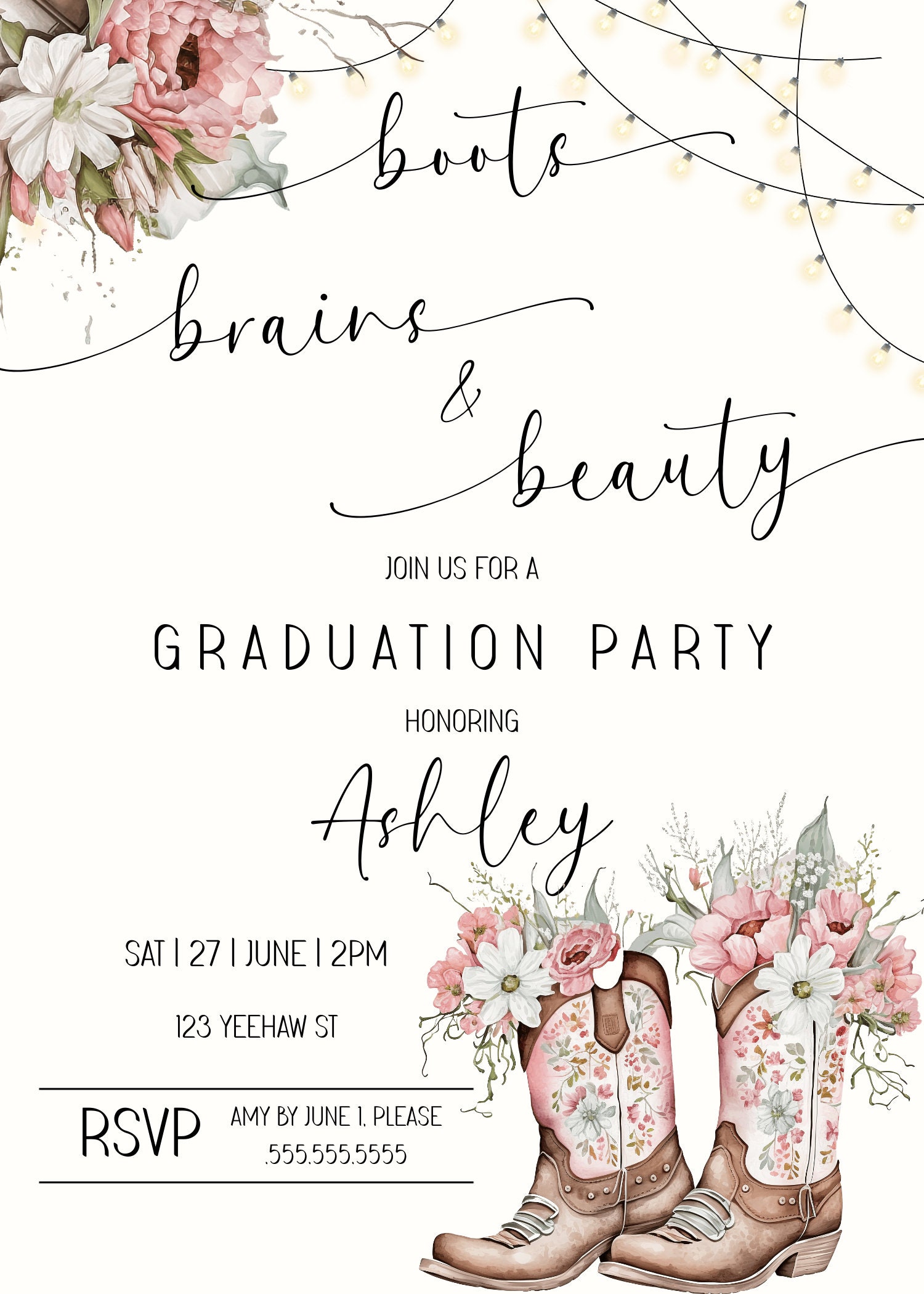 Girl Western Invitation for Graduation Country Graduation Party Pink ...