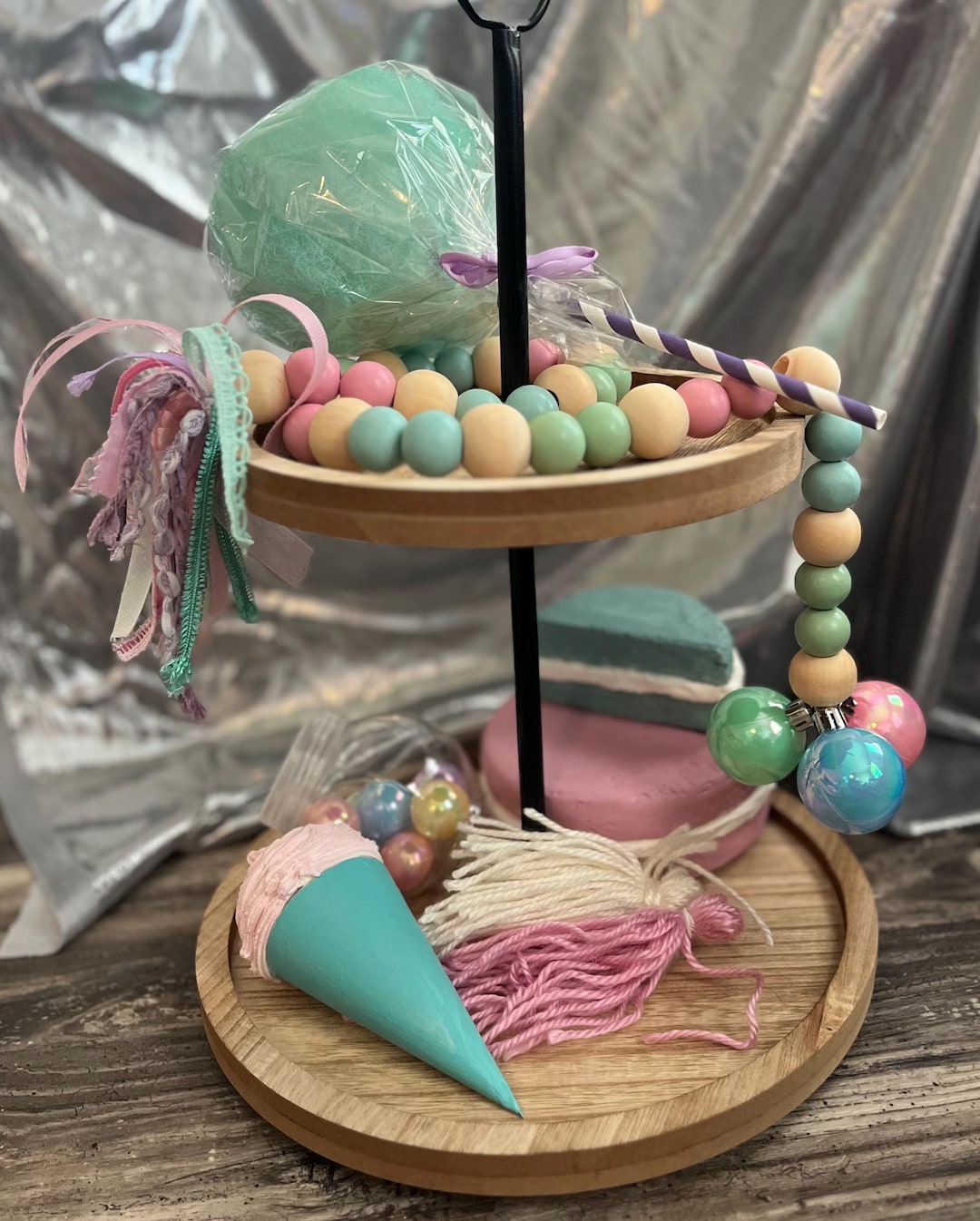 Candyland Pink Christmas Tier Tray Decor Pastel Bead Garland Pinkmas ...