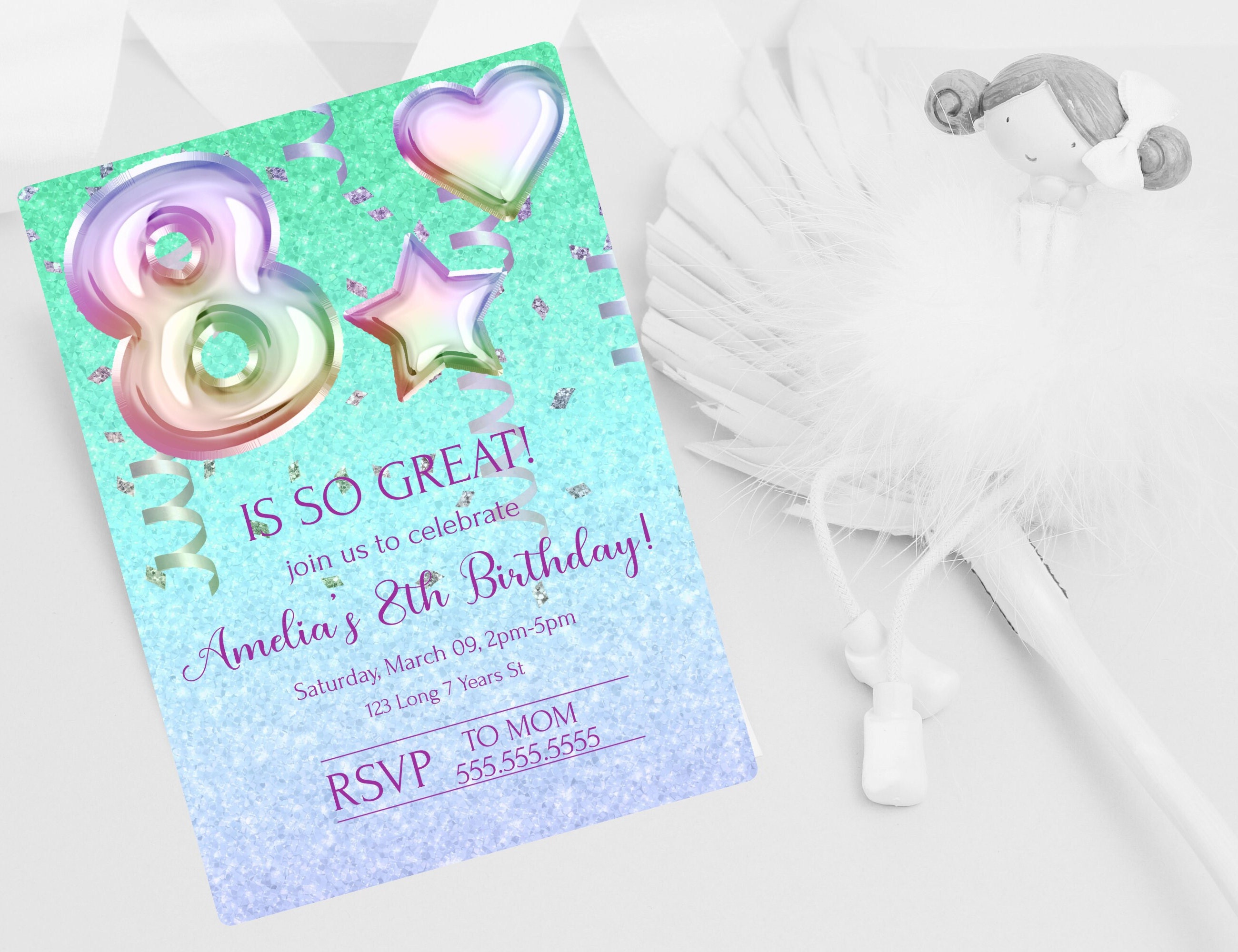 Pastel Glitter Girl's 8th Birthday Party Foil Rainbow Balloon Invite ...