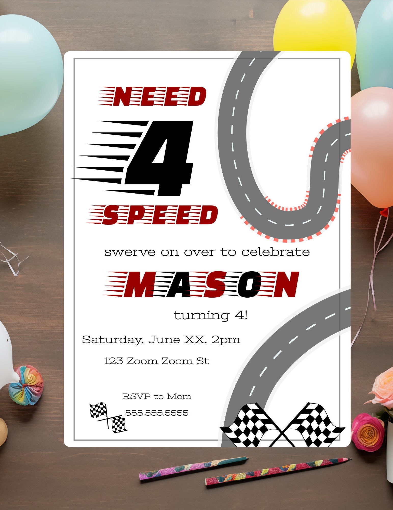 Need Four Speed Birthday Invitation Boy's 4th Race Car Party, Racing ...