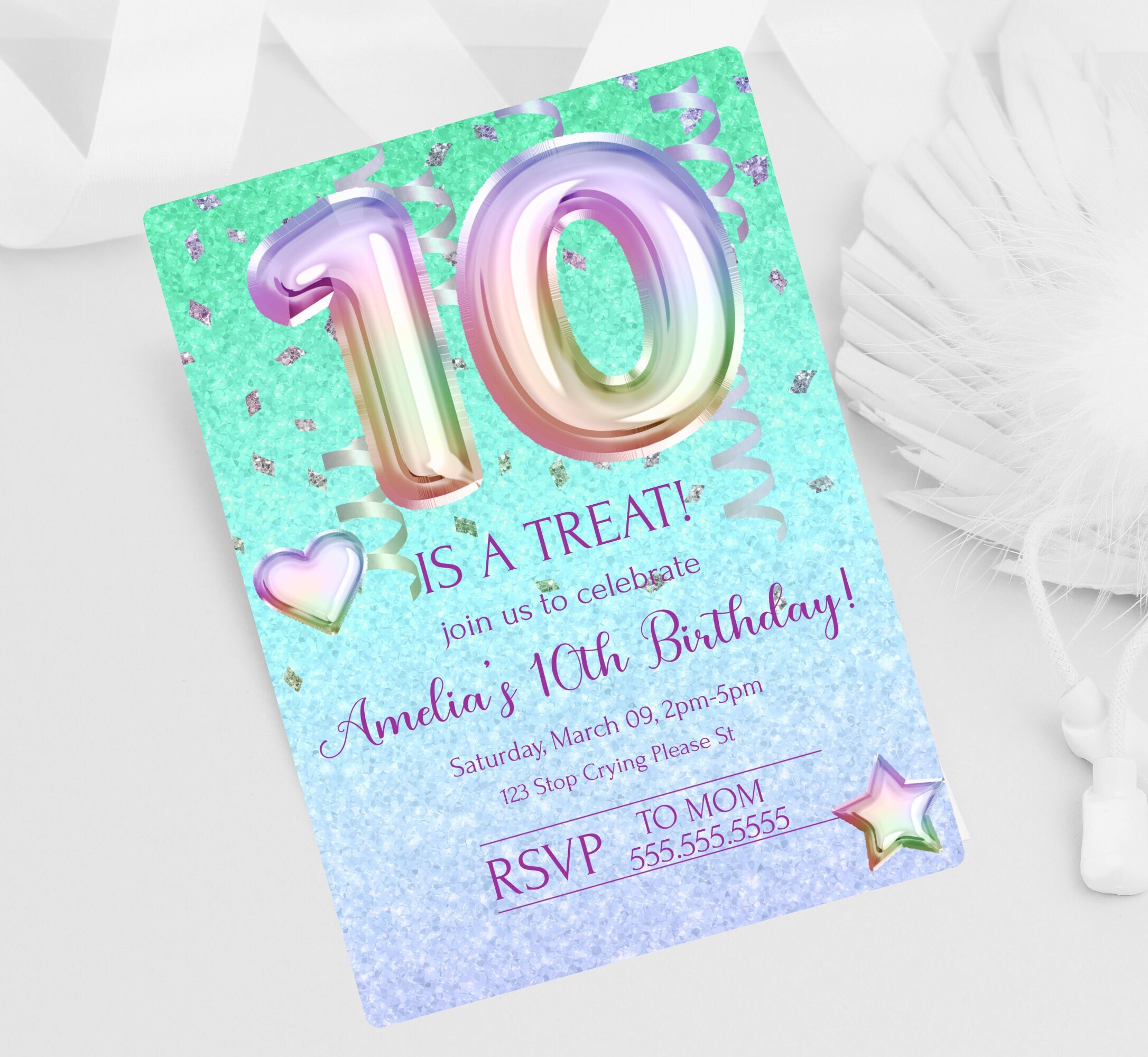 Double Digit Invite Glitter 10th Birthday Invitation Foil Balloon ...
