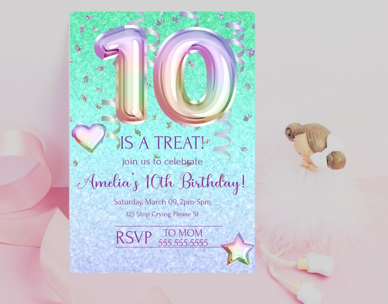 Double Digit Invite Glitter 10th Birthday Invitation Foil Balloon ...