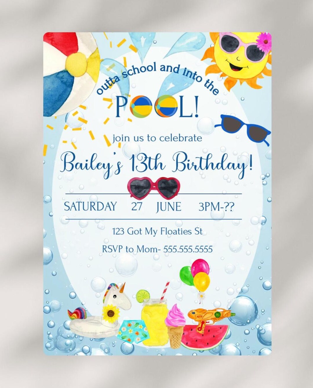13th Birthday Girl Pool Party Invites Splash 13th Birthday Invitation ...