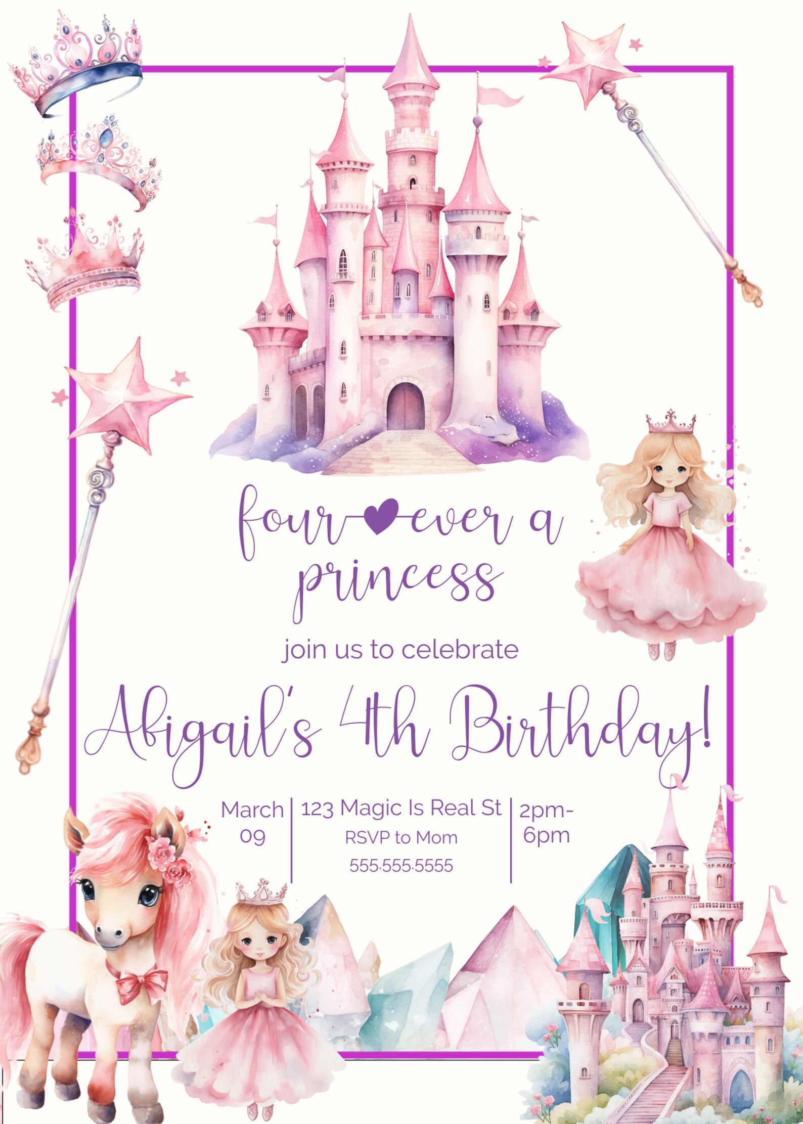 Four Ever Princess Birthday Invitation 4th Birthday Invite Princess ...