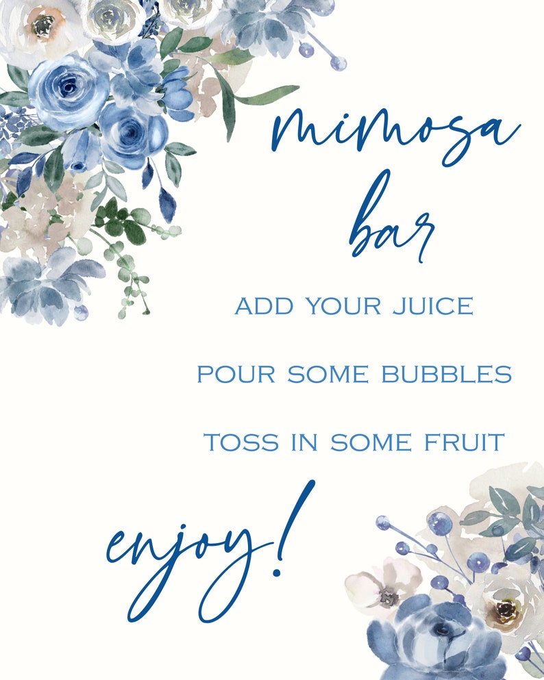 Blue Baby in Bloom Mimosa Bar Sign Printable Shower Decor, Dusty Blue ...