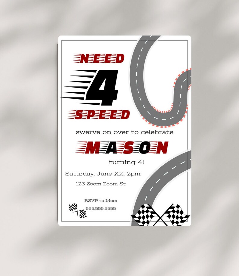 Need Four Speed Birthday Thank You Card- Race Car Birthday Thank You ...