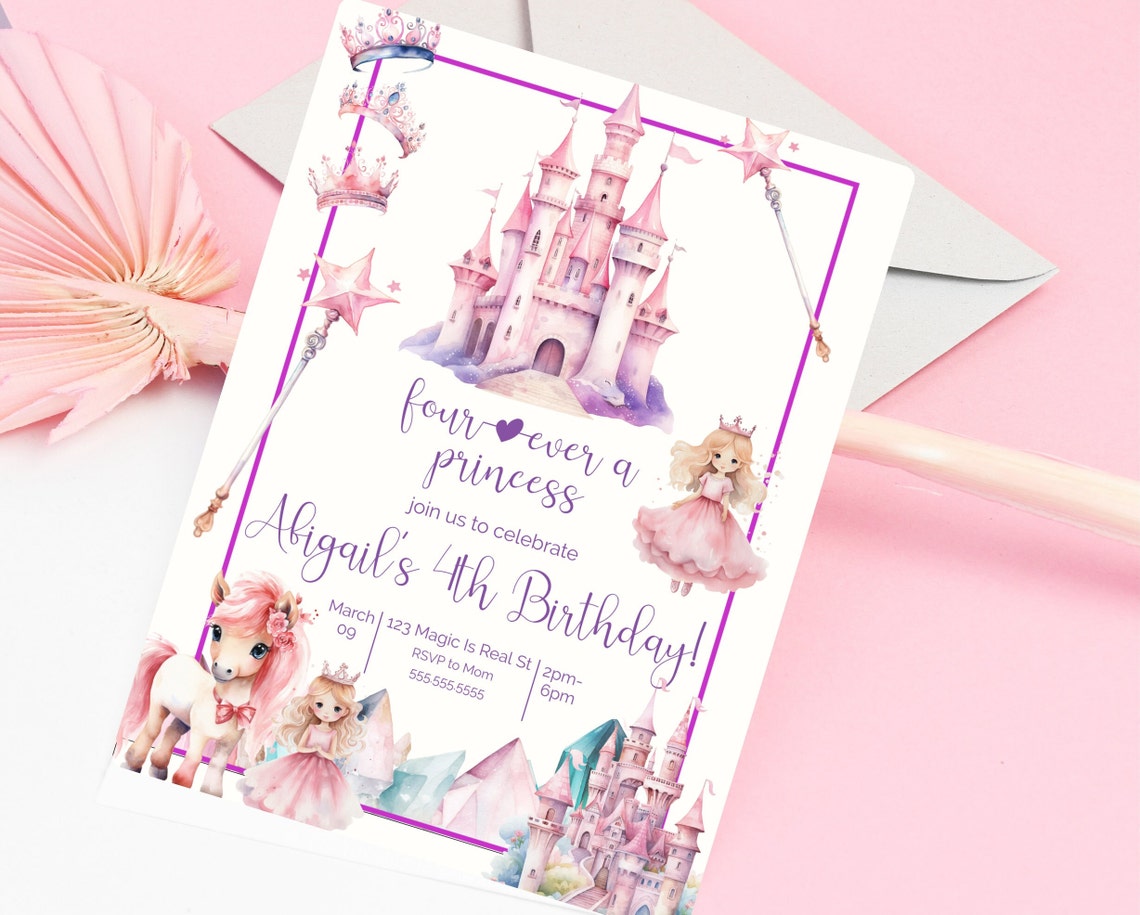 Four Ever Princess Birthday Invitation 4th Birthday Invite Princess ...