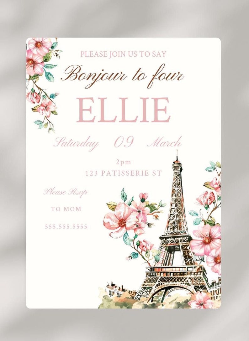 Bonjour to Four Paris French Birthday Eiffel Tower Invite Printable ...