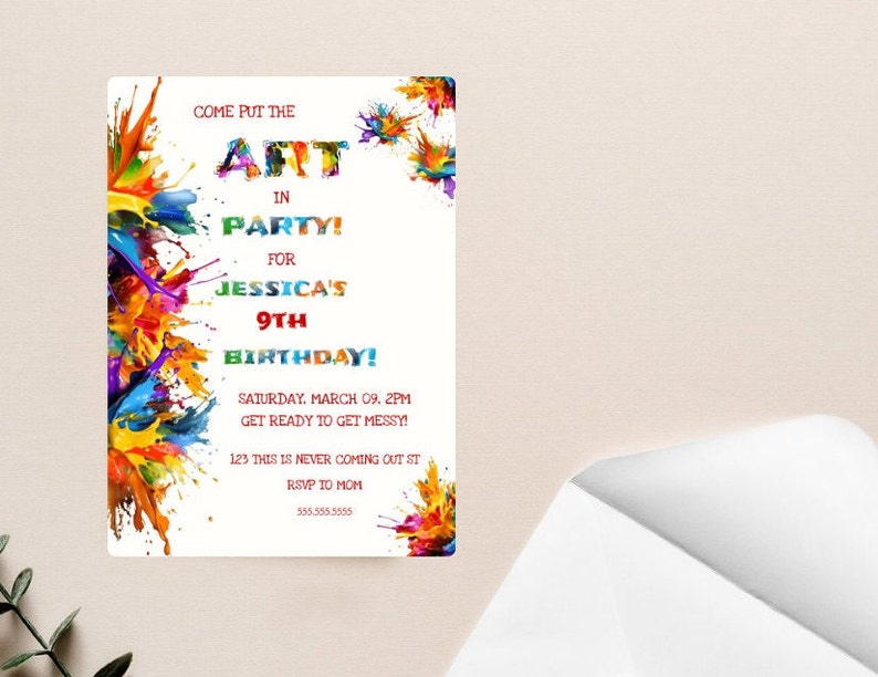 Artist Theme Party Girl's Birthday Invitation Paint Splatter Splatter ...