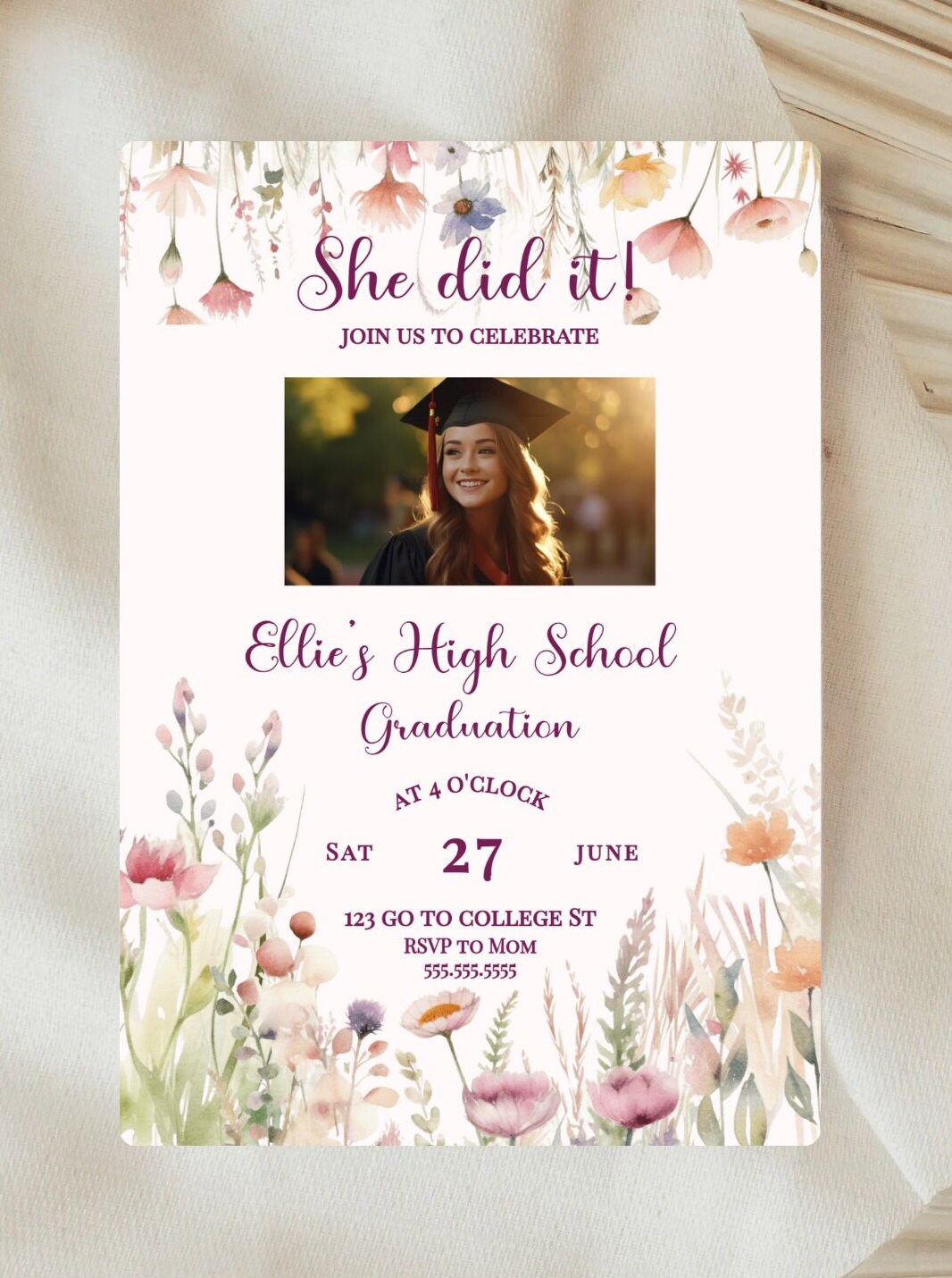 Wildflower Graduation Photo Invitation Template She Did It Floral ...