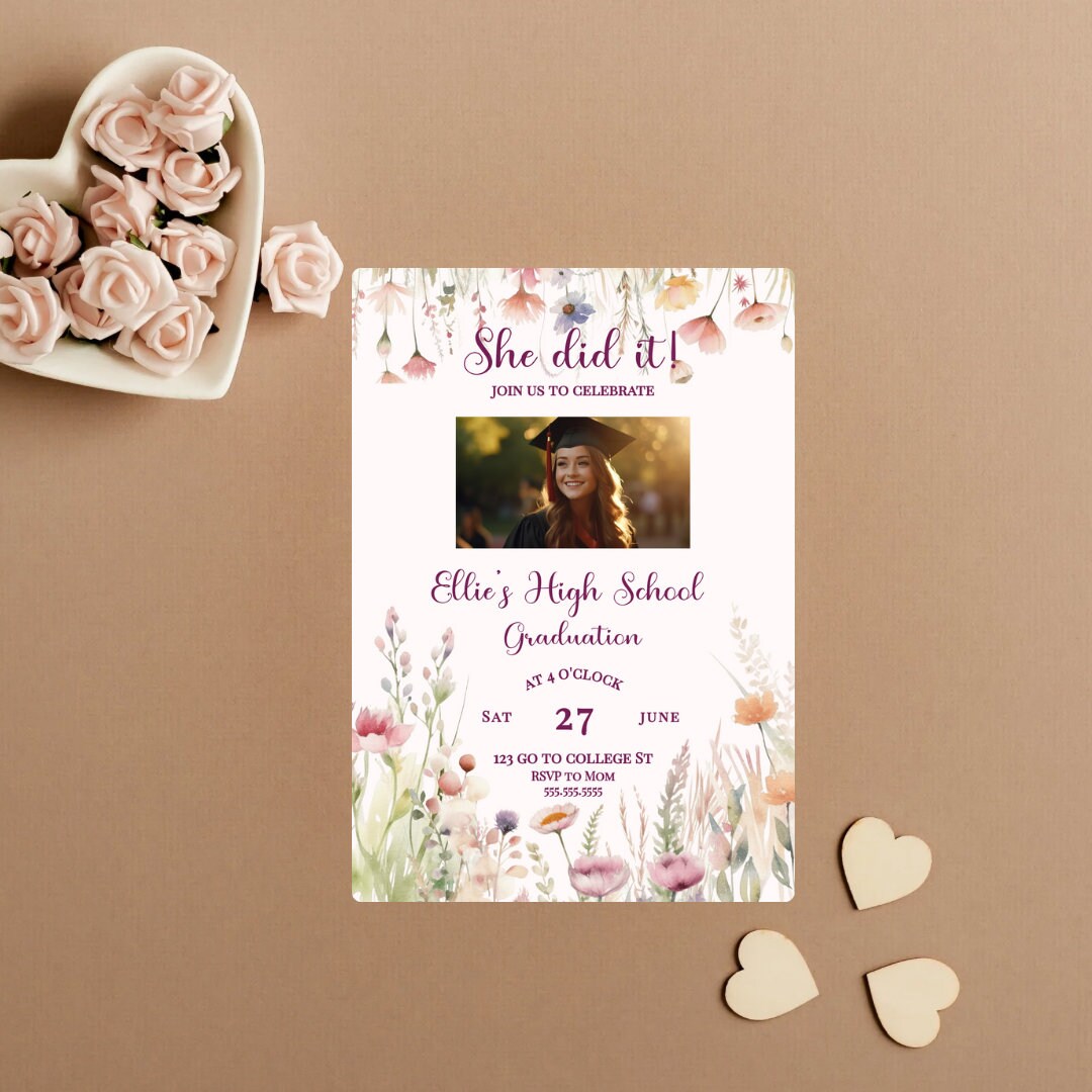 Wildflower Graduation Photo Invitation Template She Did It Floral ...