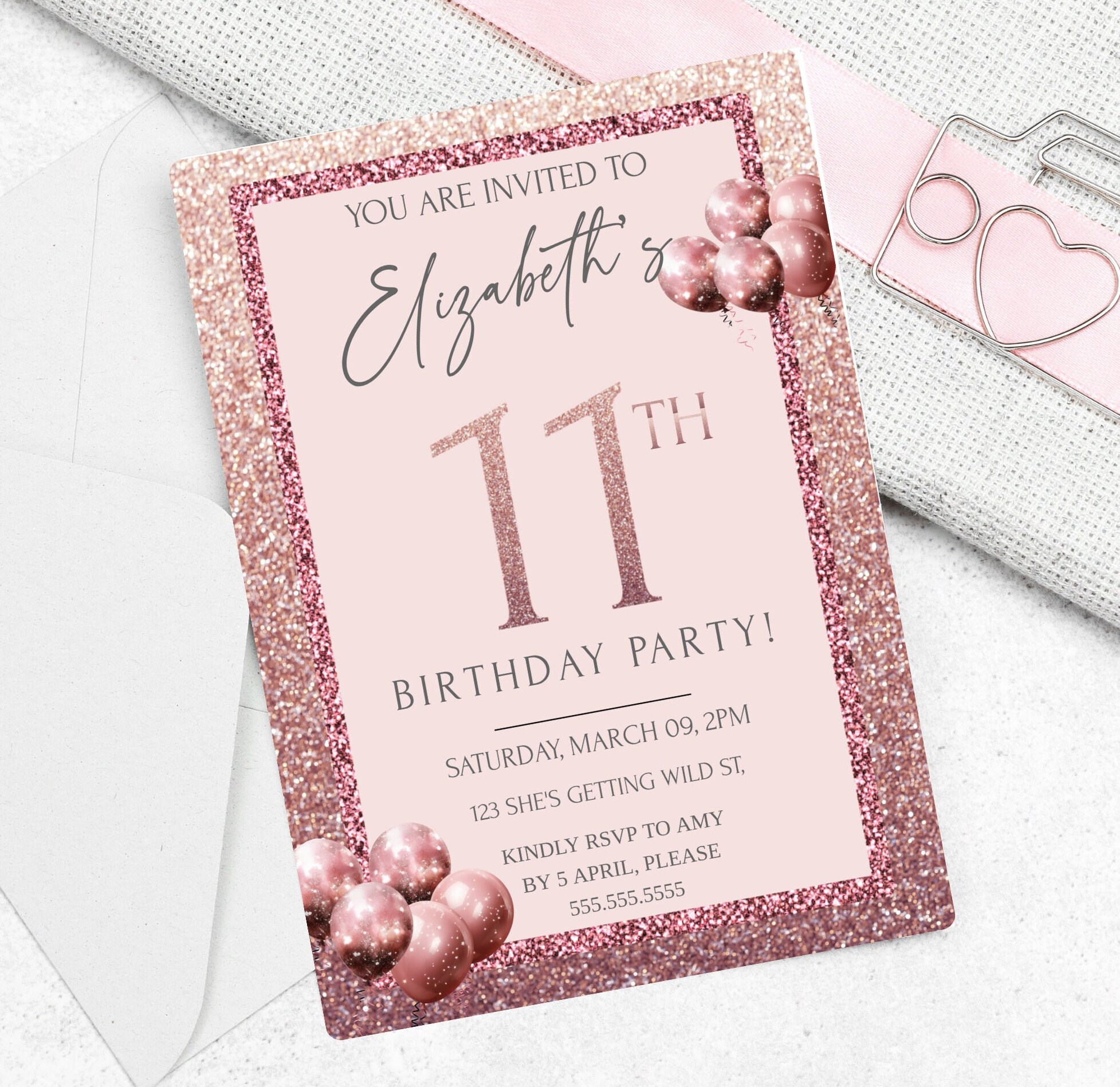 11th Birthday Rose Gold Invitation 11th Birthday Invite for Girl Girl's ...