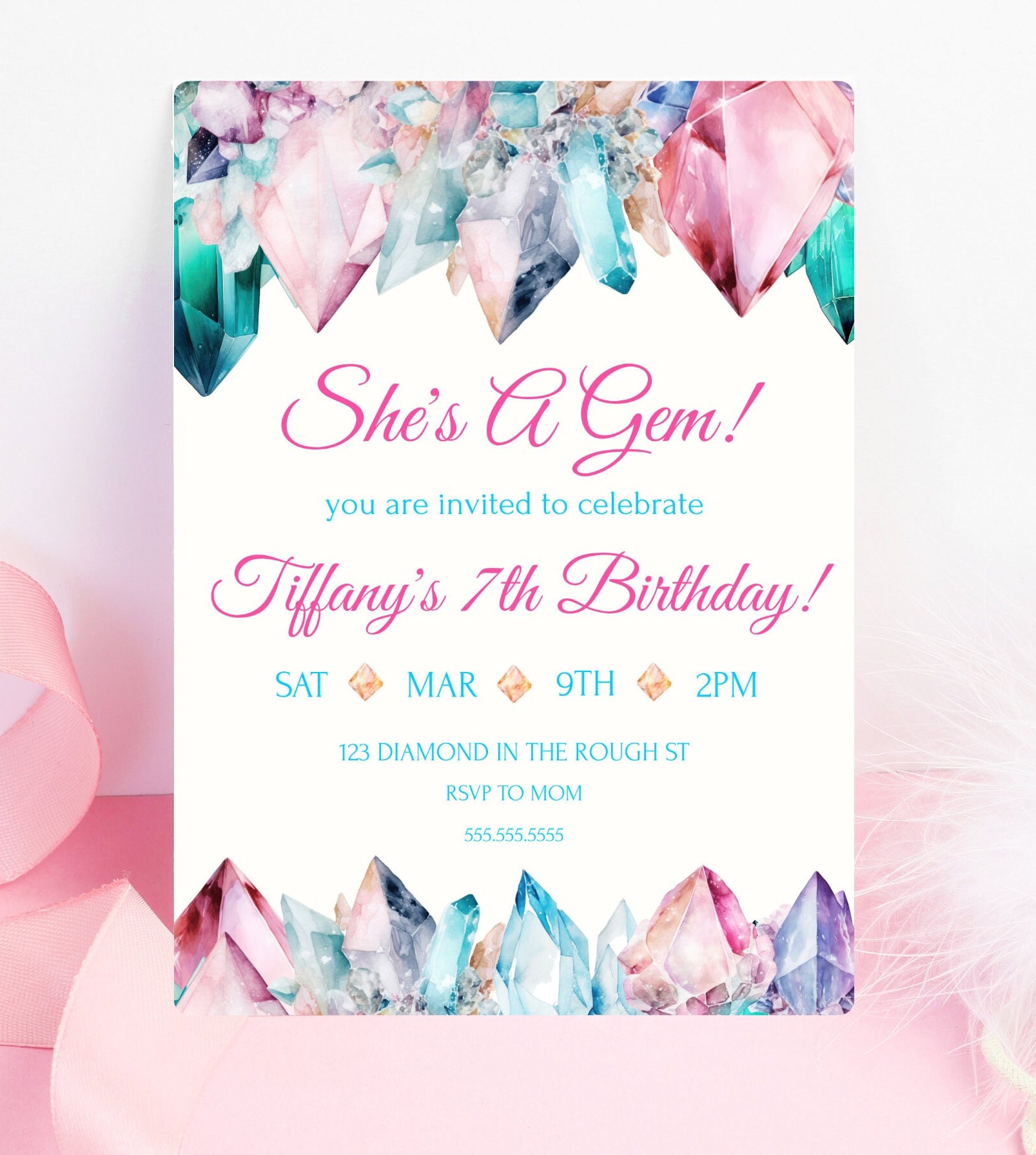 Gems Birthday Invite- She's A Gem Party- Crystal Birthday Party Invitations- Girl's 7th Birthday ...