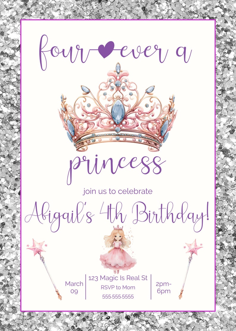 Forever A Princess Invitation- Four Ever Princess Birthday- 4th ...