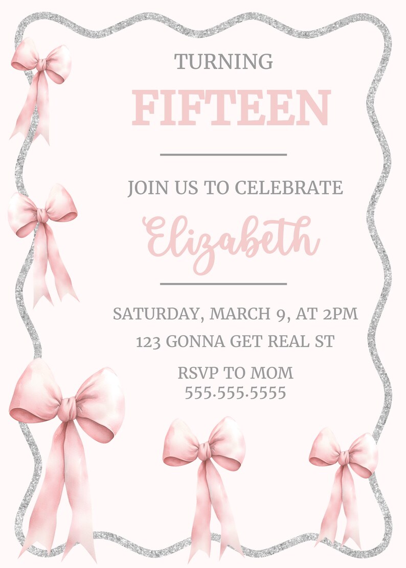 Wavy Border Invite Coquette Bow Party Girl's 15th Birthday Pink ...