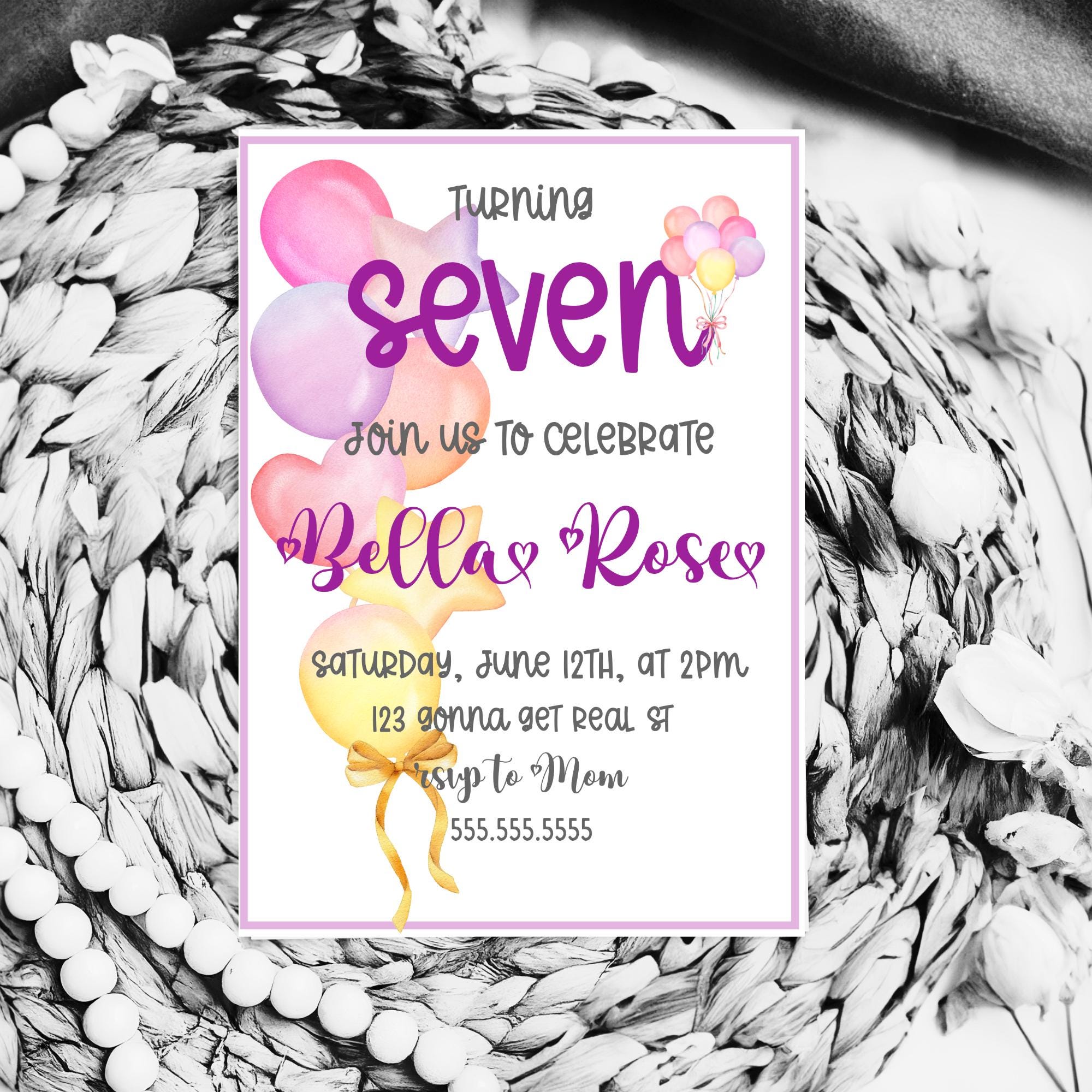 7th Birthday Balloon Kids Party Invite Girl Seventh Birthday Colorful ...
