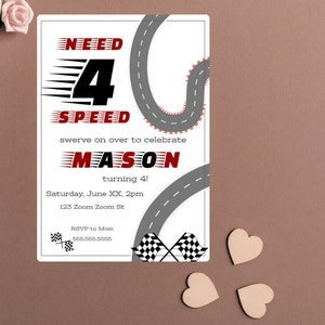 Need Four Speed Birthday Invitation Boy's 4th Race Car Party, Racing ...