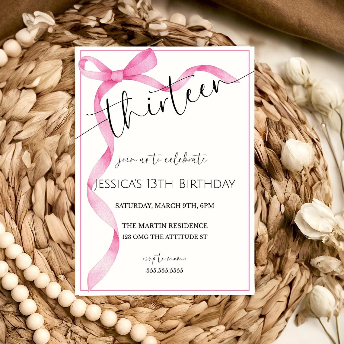 Pink Bow Invite Teenager Girl's 13th Birthday Party Invitation, From ...