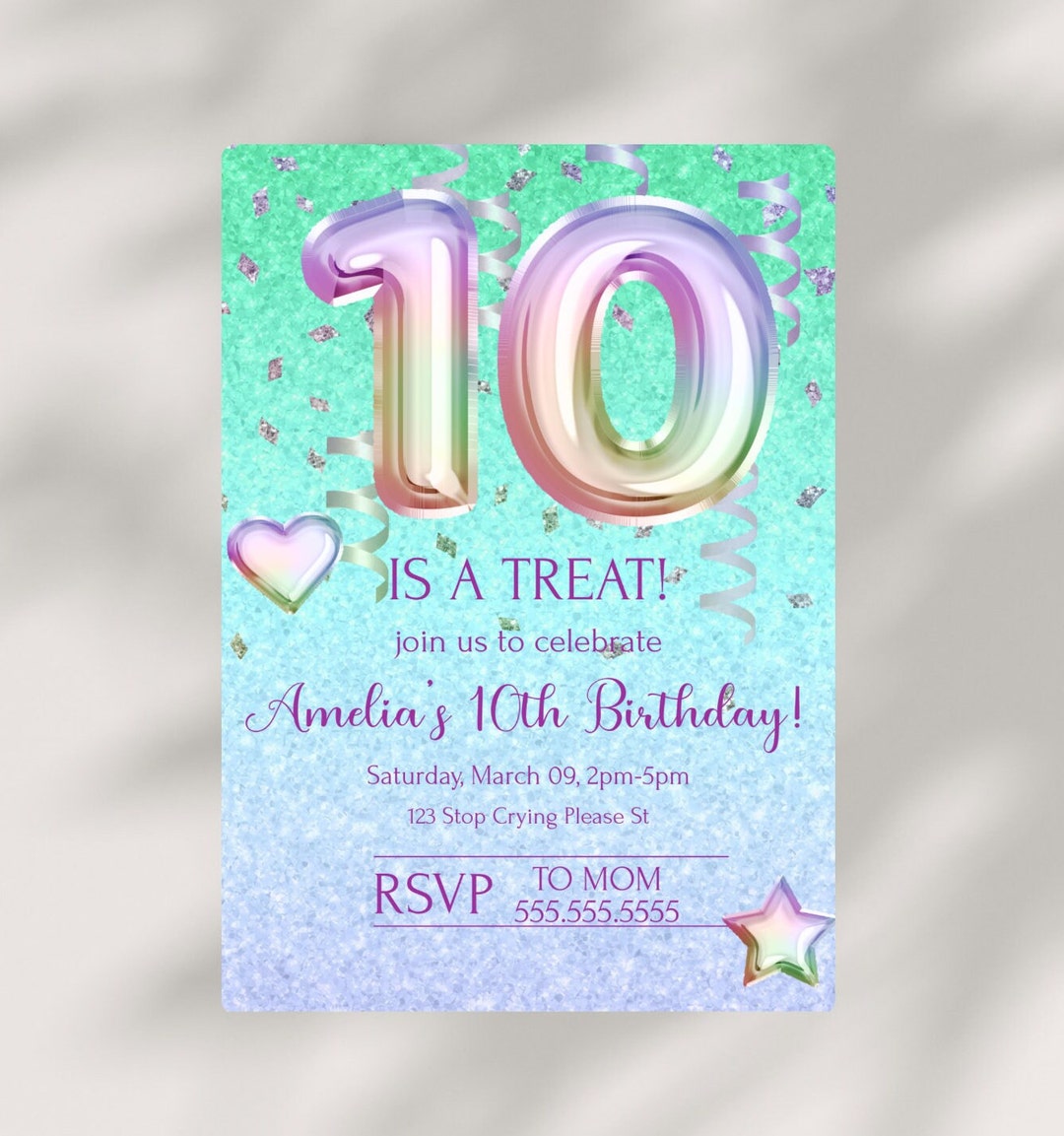 Double Digit Invite- Glitter 10th Birthday Invitation- Foil Balloon ...