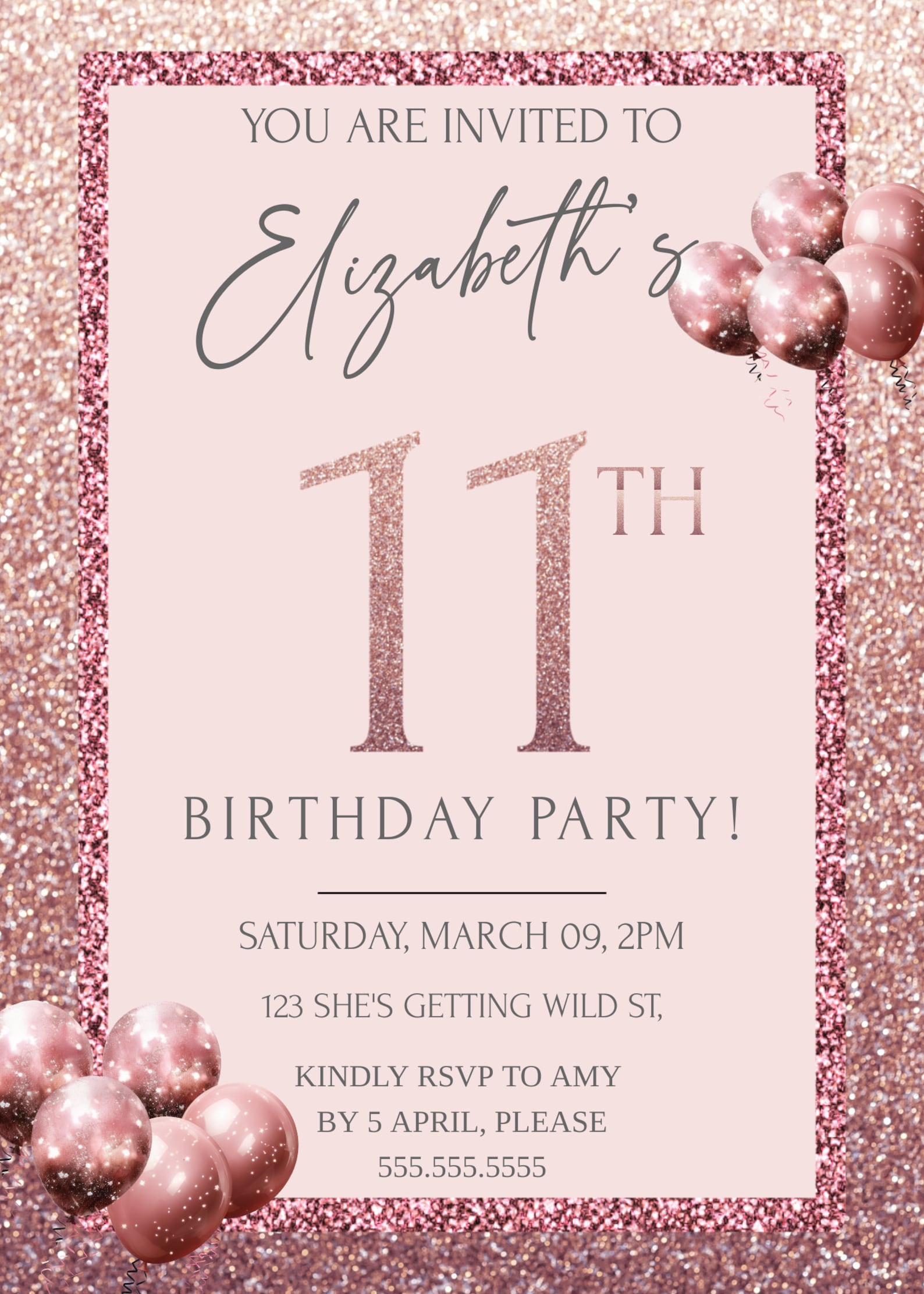 11th Birthday Rose Gold Invitation 11th Birthday Invite for Girl Girl's ...