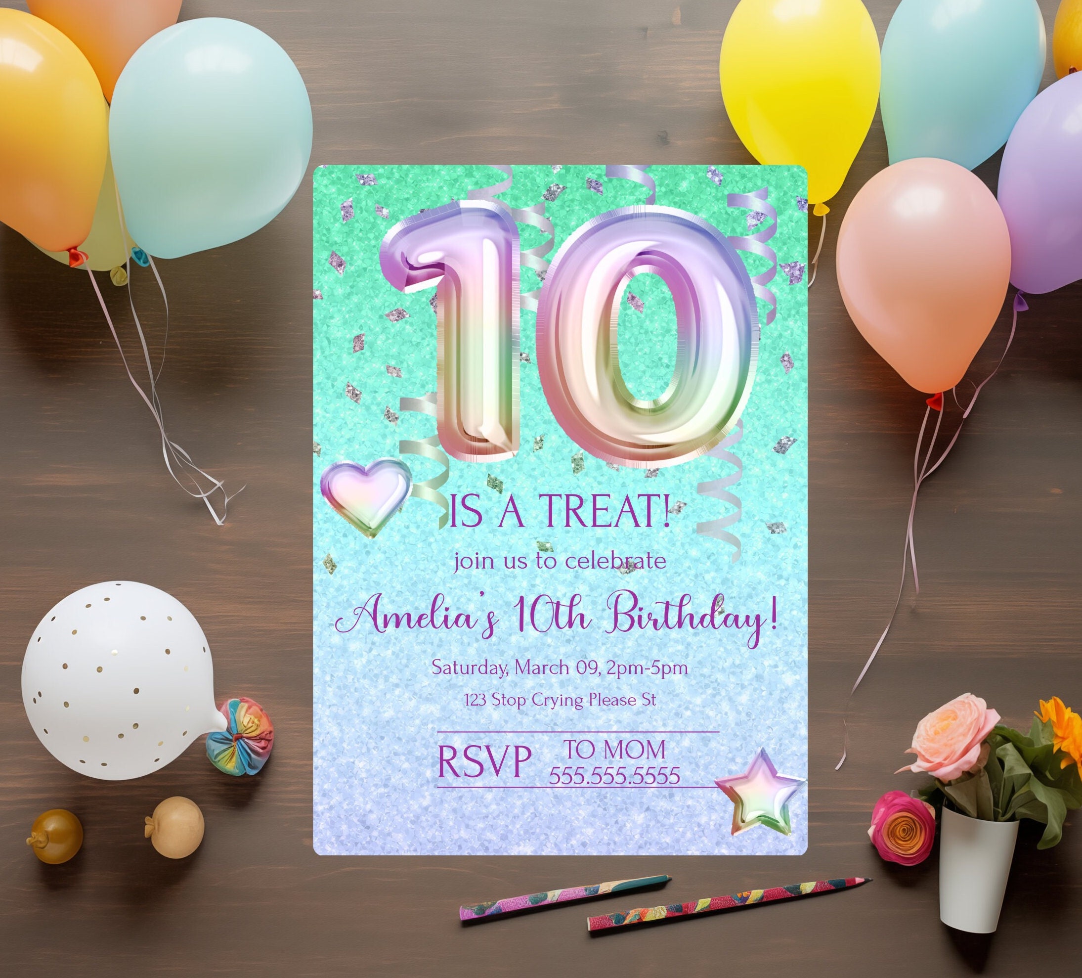 Double Digit Invite Glitter 10th Birthday Invitation Foil Balloon ...