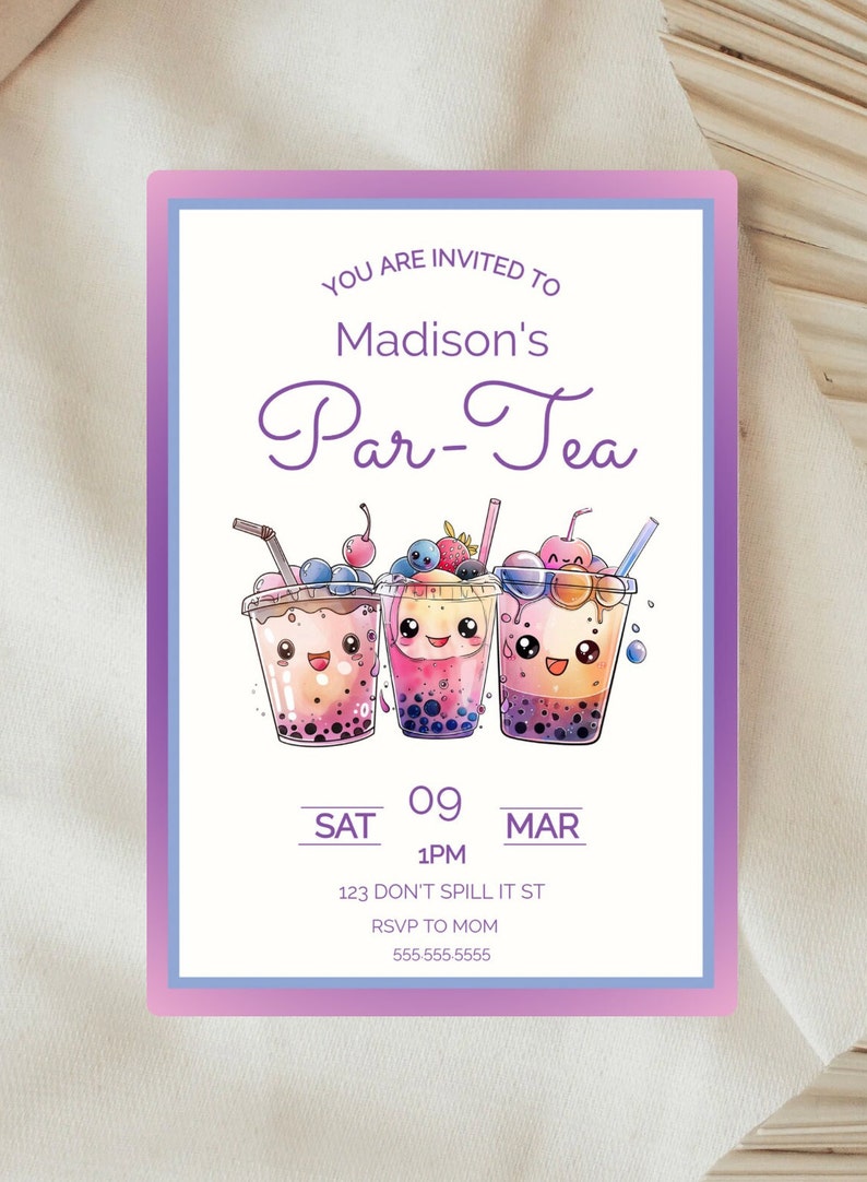 Boba Tea Invite Bubble Par-tea Birthday Party Invitation Template ...