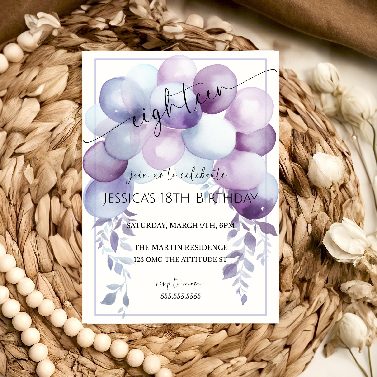 Girl's Boho 18th Birthday Invite Purple Balloon Birthday Party ...