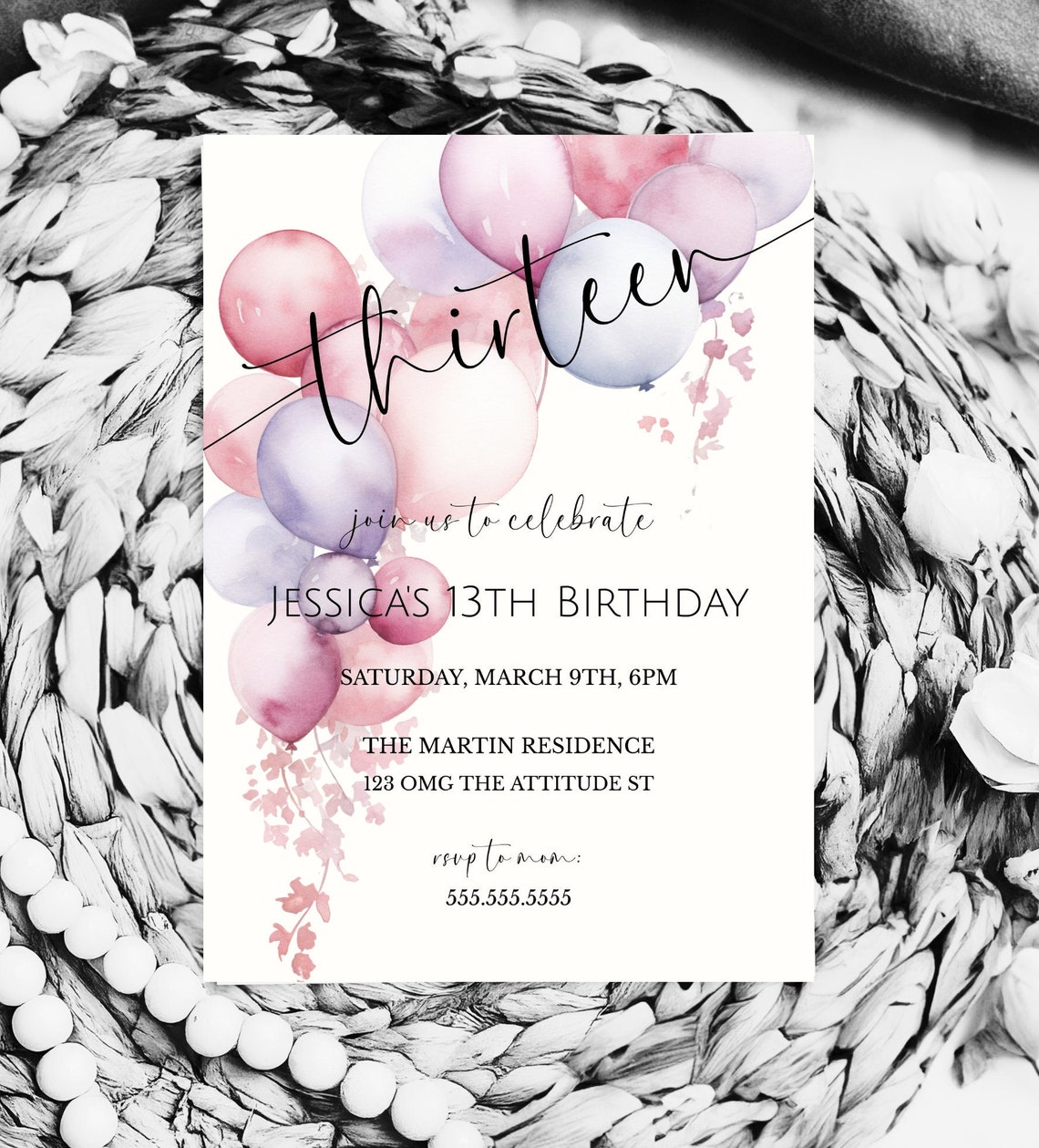 Girl's 13th Birthday Pink Balloon Invite, Teenager Birthday Party ...