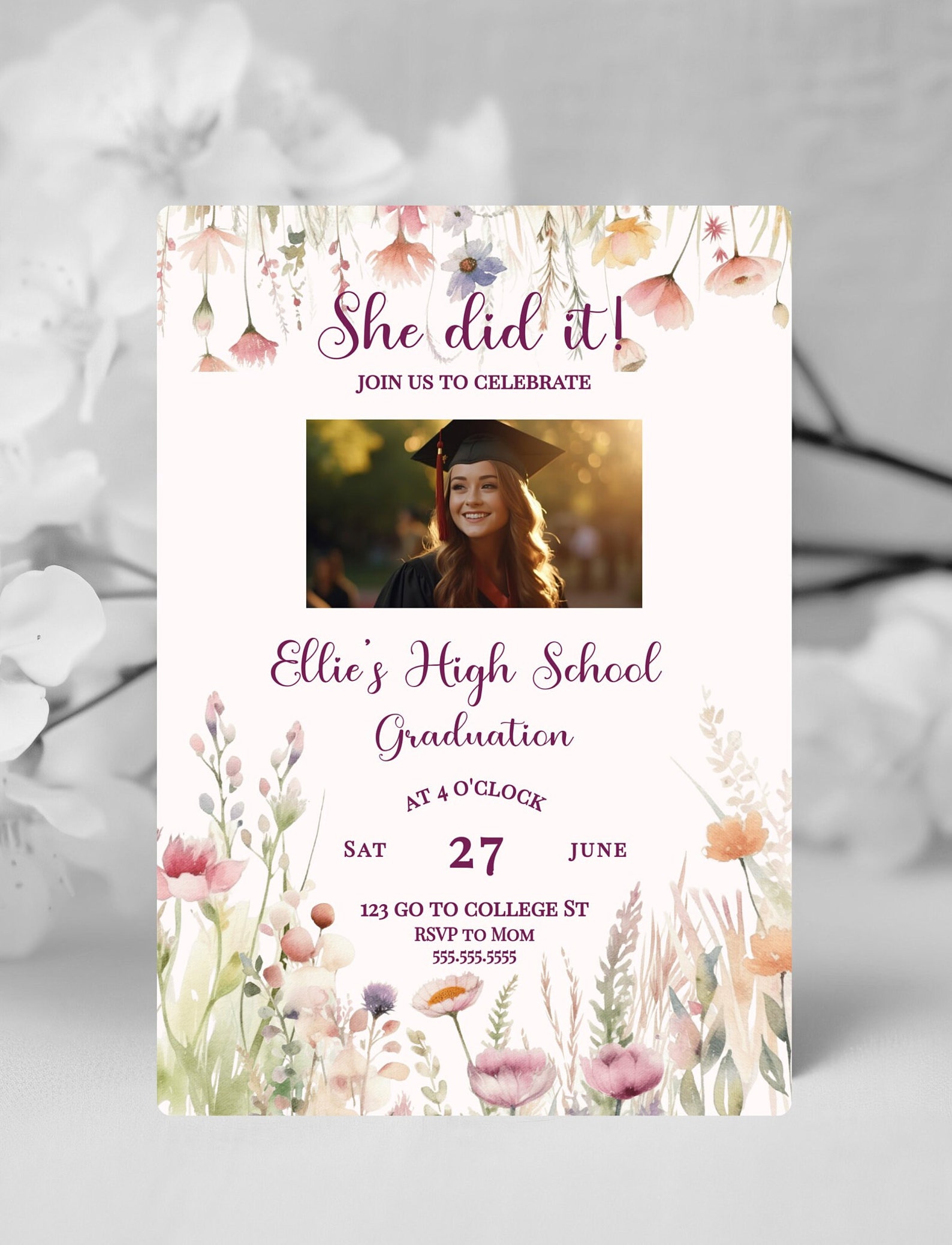 Wildflower Graduation Photo Invitation Template She Did It Floral ...