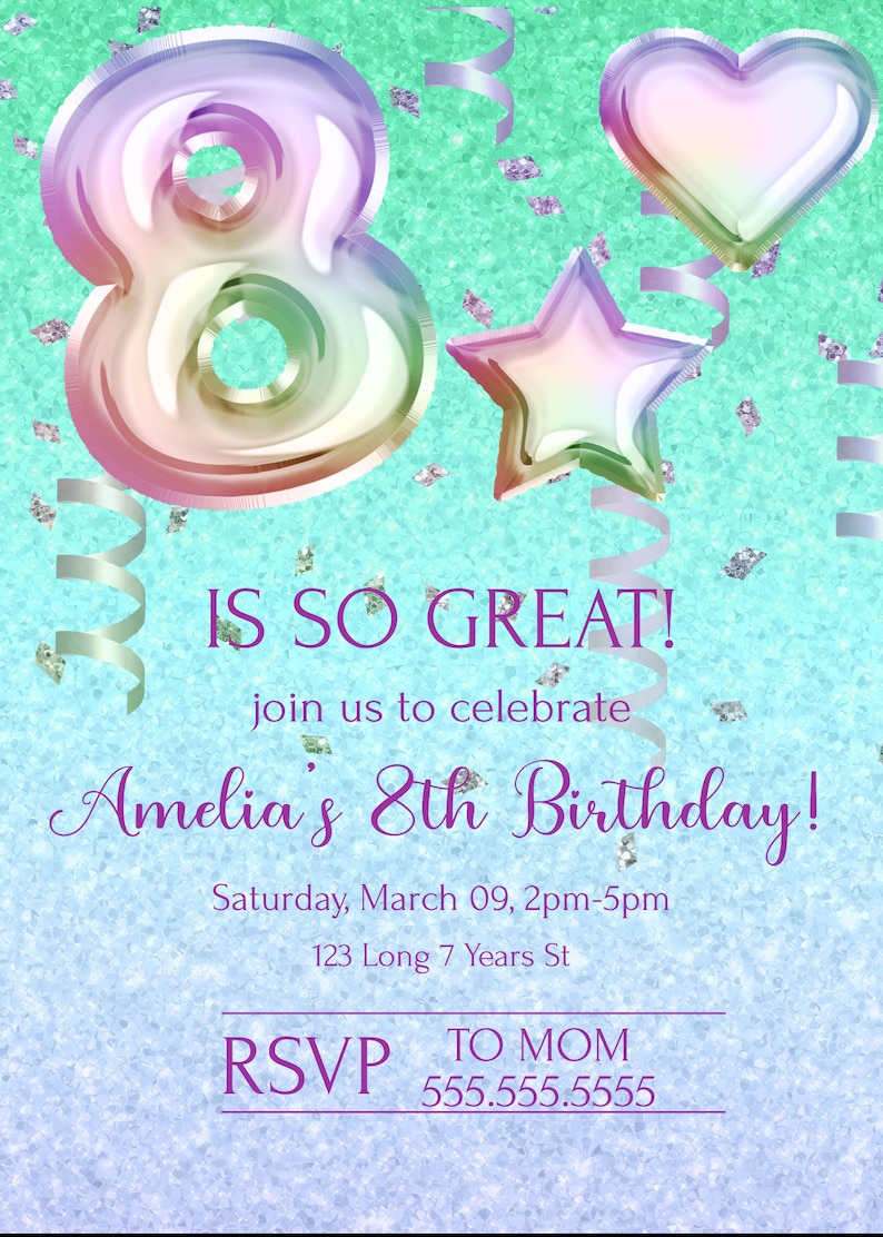 Pastel Glitter Girl's 8th Birthday Party- Foil Rainbow Balloon Invite ...