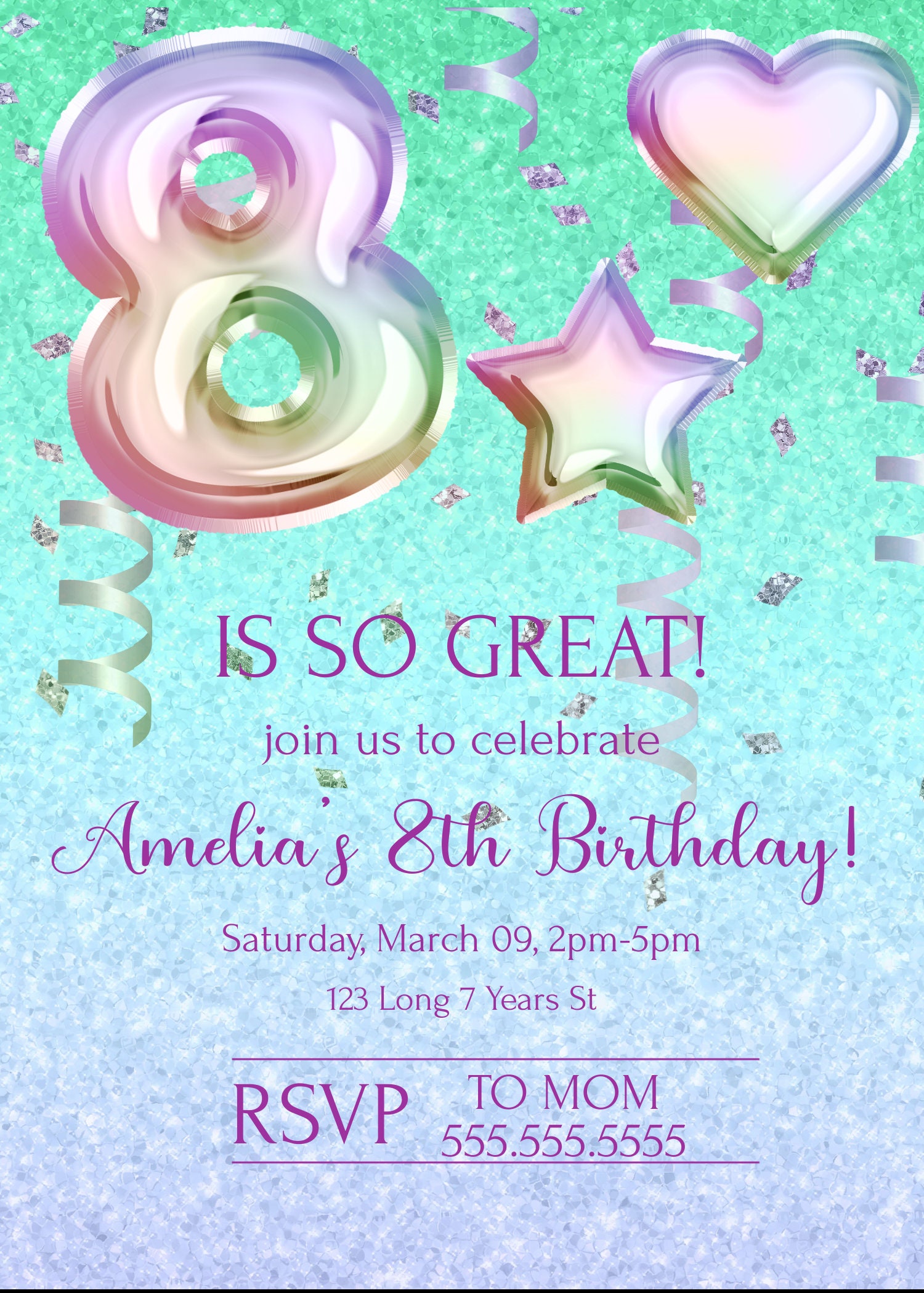 Pastel Glitter Girl's 8th Birthday Party- Foil Rainbow Balloon Invite ...