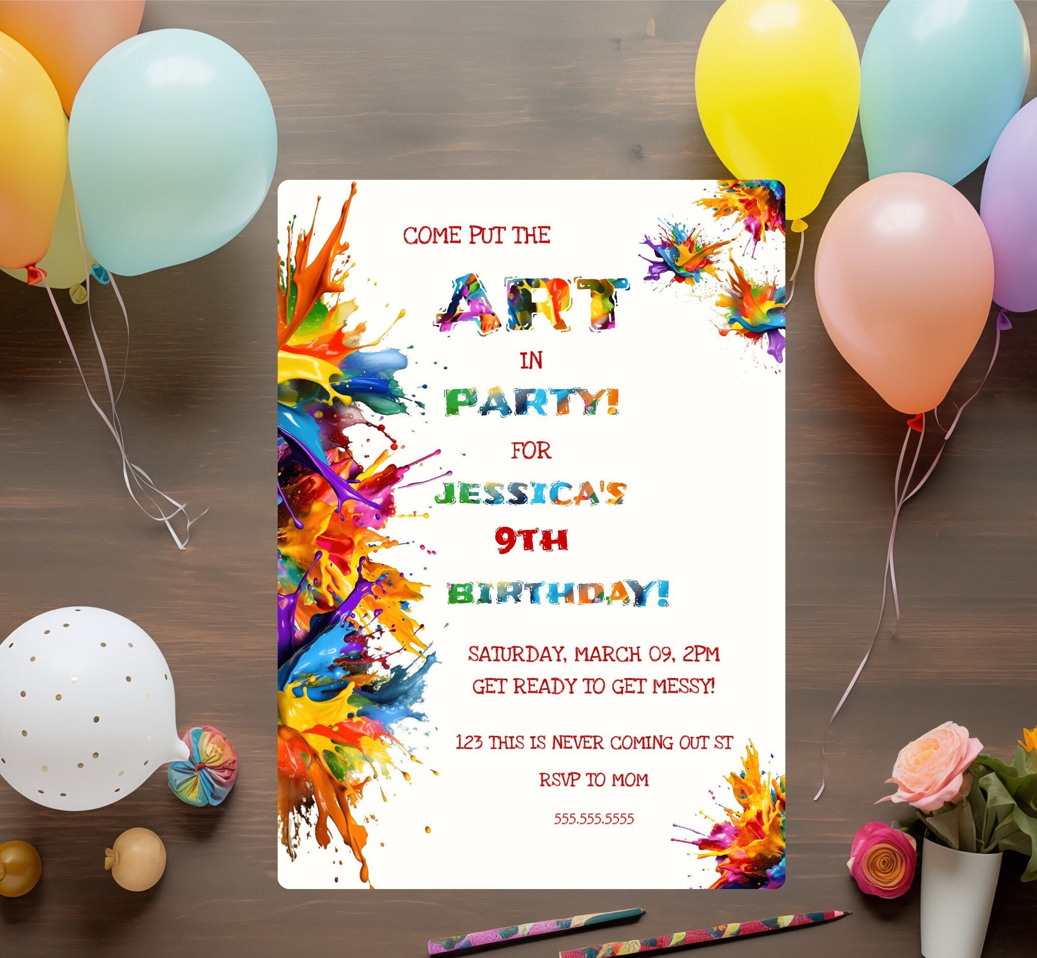 Artist Theme Party Girl's Birthday Invitation Paint Splatter Splatter ...