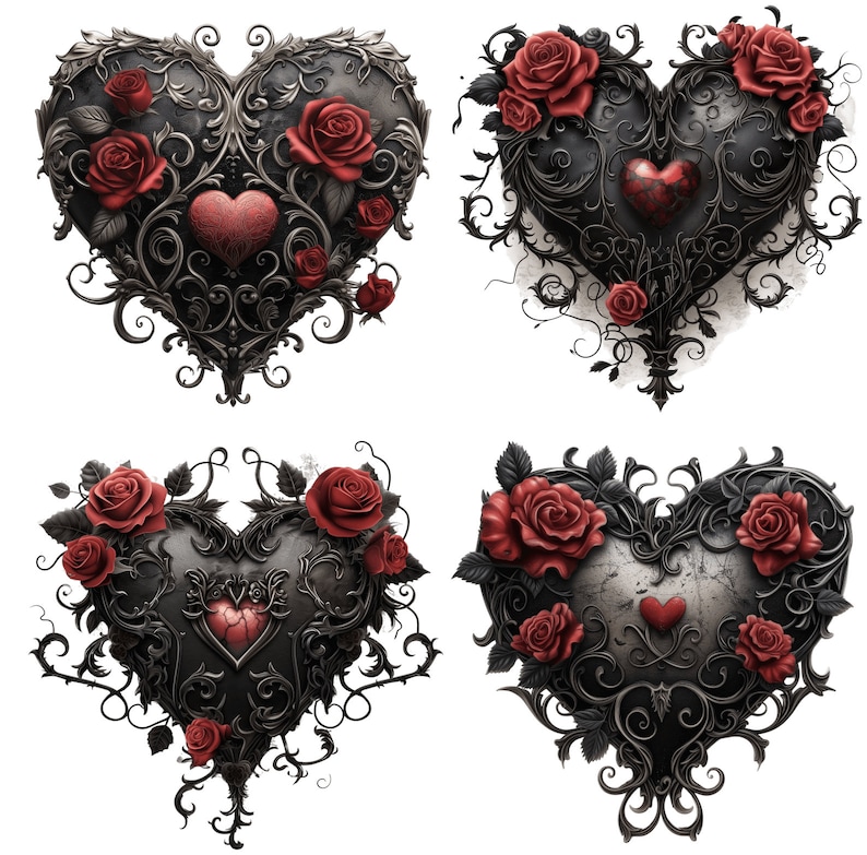 Gothic Hearts & Intertwined Roses Clipart Set of 11 PNG Images ...
