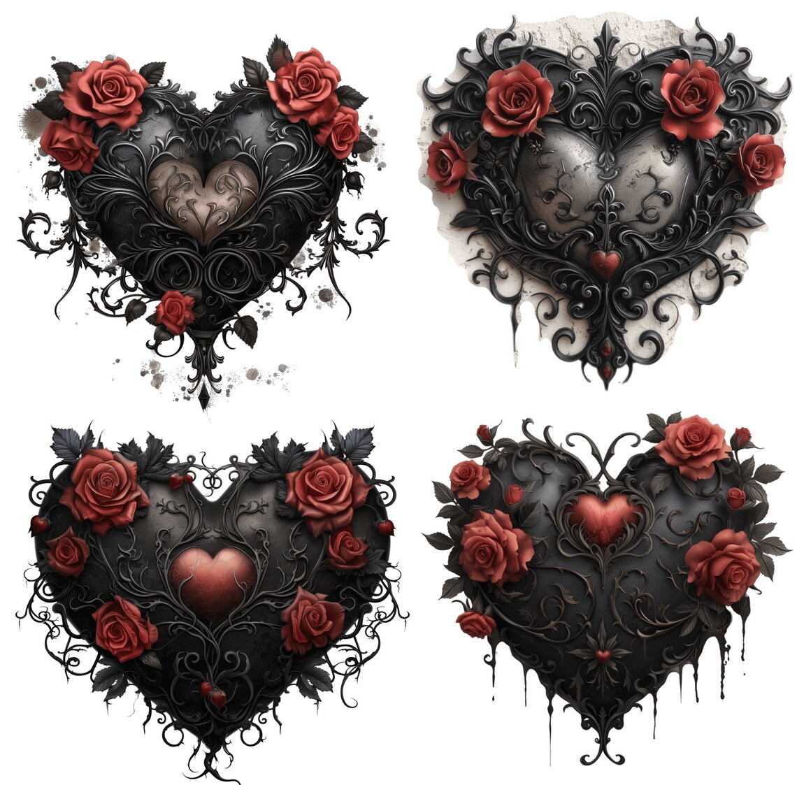 Gothic Hearts & Intertwined Roses Clipart Set of 11 PNG Images ...