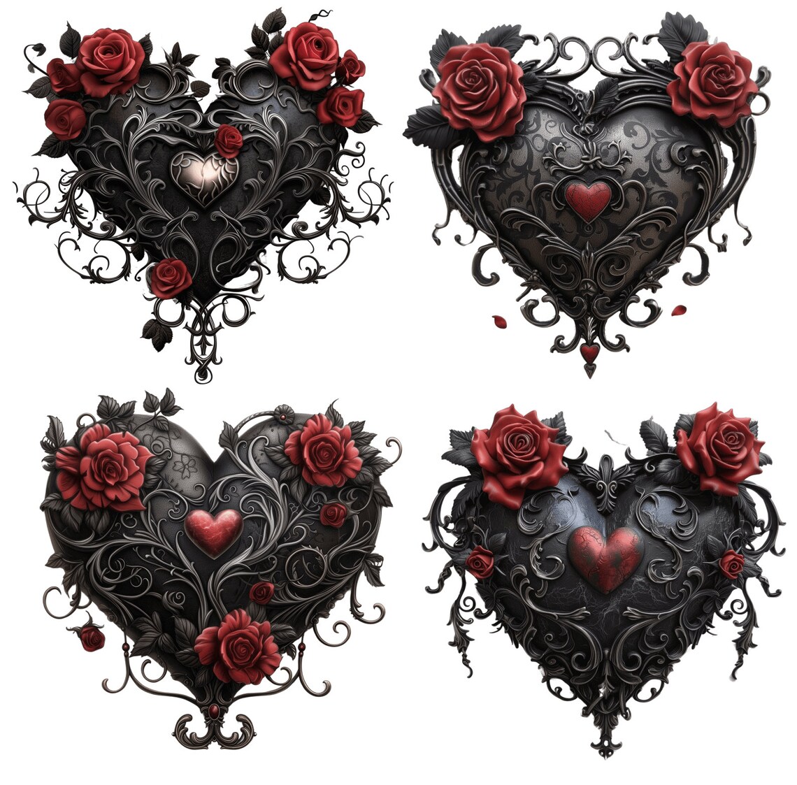Gothic Hearts & Intertwined Roses Clipart Set of 11 PNG Images ...