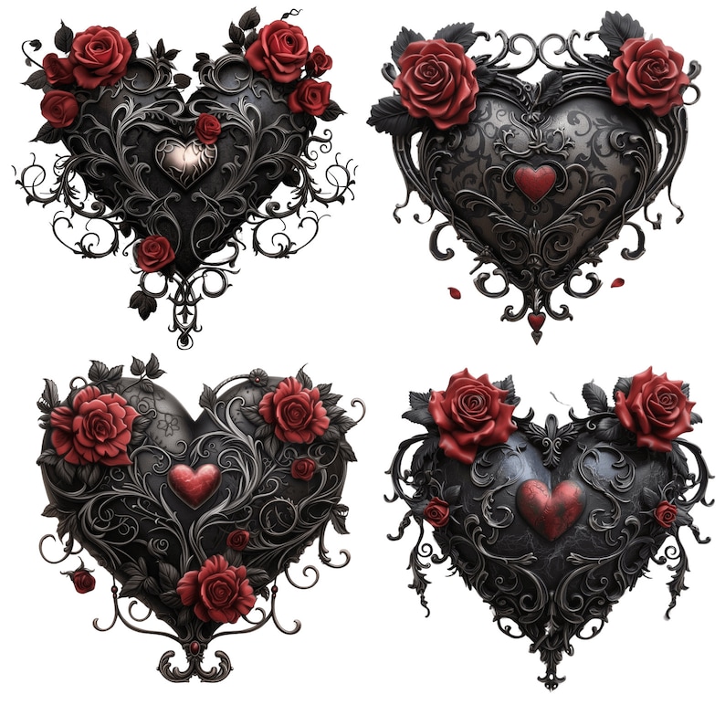 Gothic Hearts & Intertwined Roses Clipart Set of 11 PNG Images ...