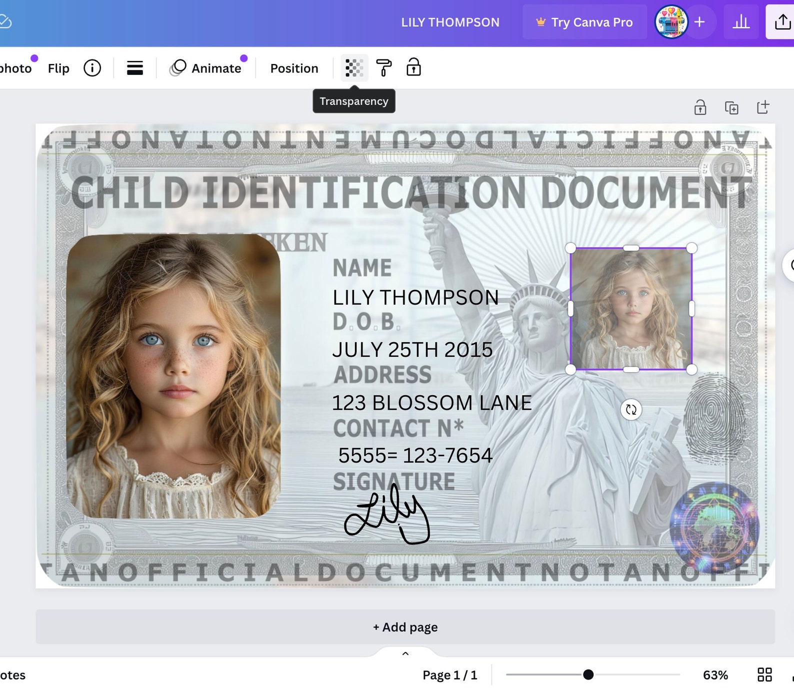 Personalised 9 Customizable Kids ID Child Identification Card Prop - PNG ID - Instant Download ...