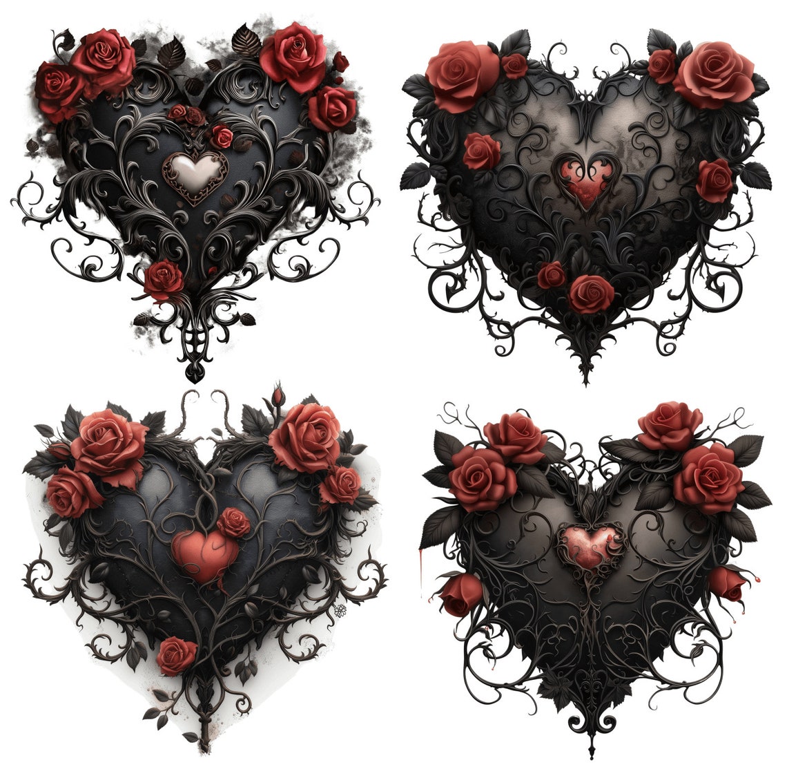 Gothic Hearts & Intertwined Roses Clipart Set of 11 PNG Images ...