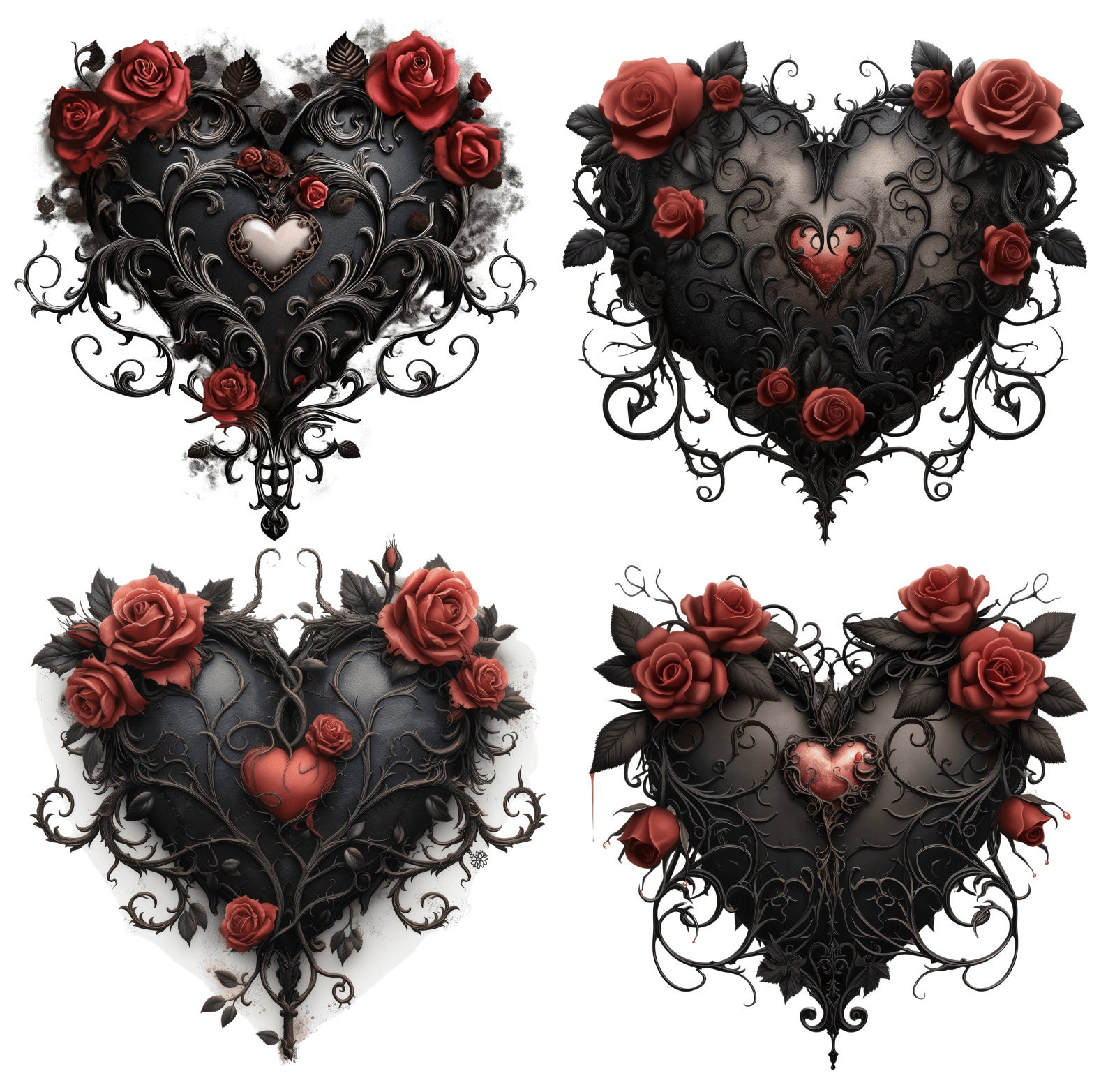 Gothic Hearts & Intertwined Roses Clipart Set of 11 PNG Images ...