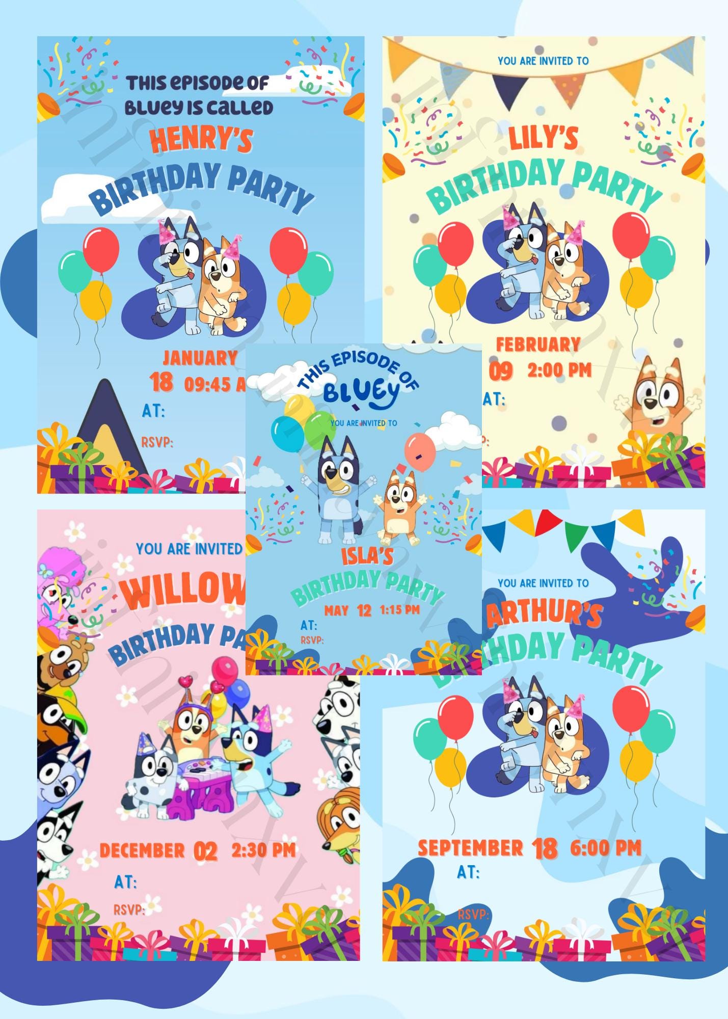 Bluey Themed Birthday Party Invitations Bundle Customisable Set of 5 ...