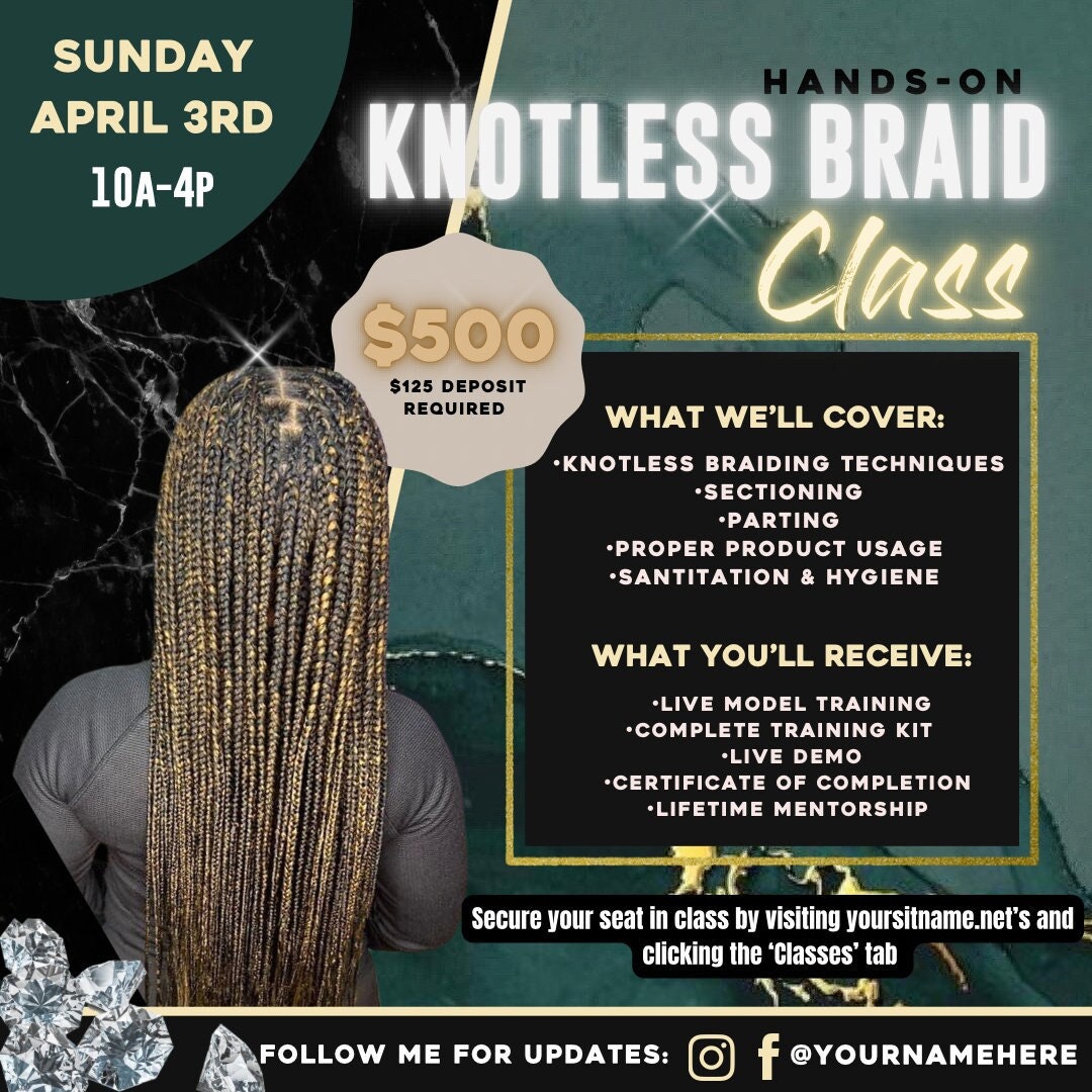 Hair Braiding Class Flyer Customizable Editable Canva Green Gold Marble ...