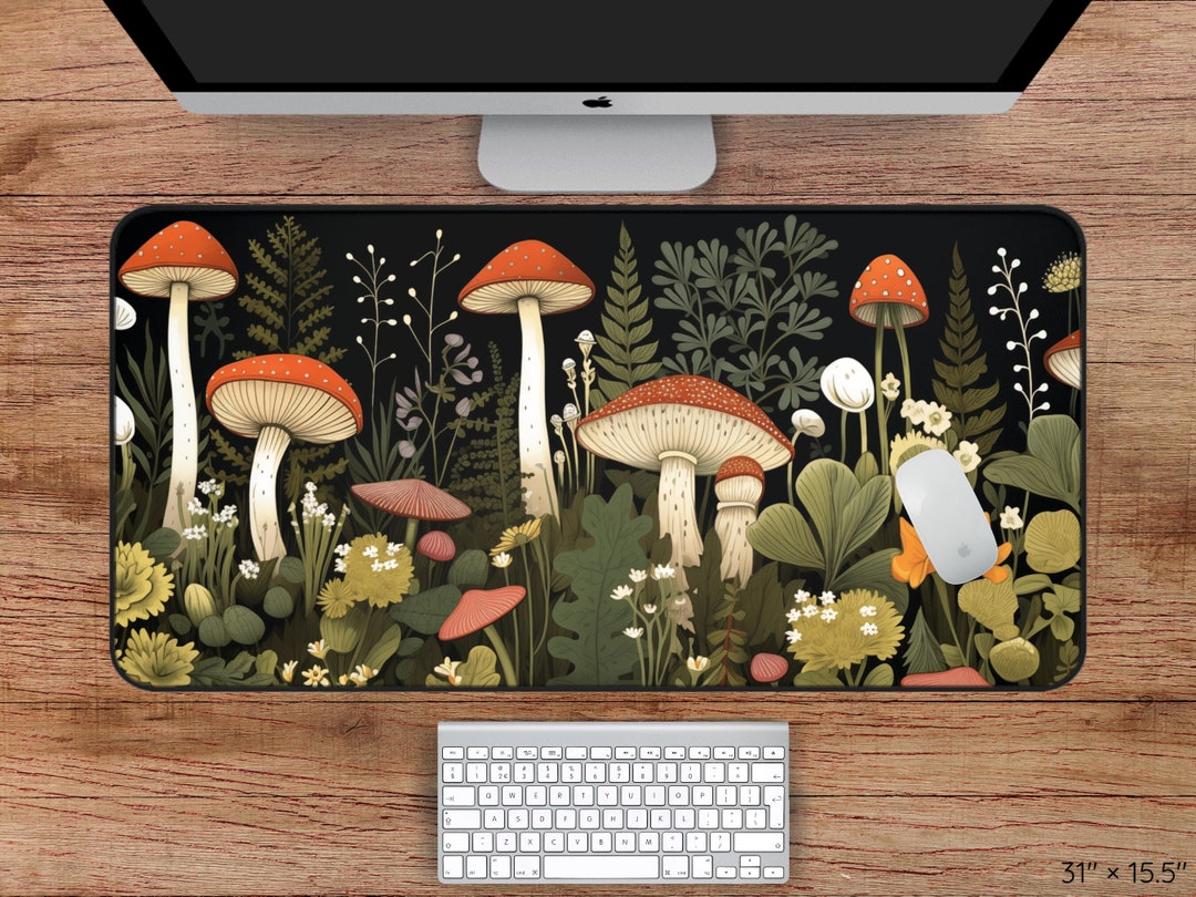 Dark Floral and Mushroom Desk Mat, Hand Drawn Forest Mushrooms Desk Pad ...